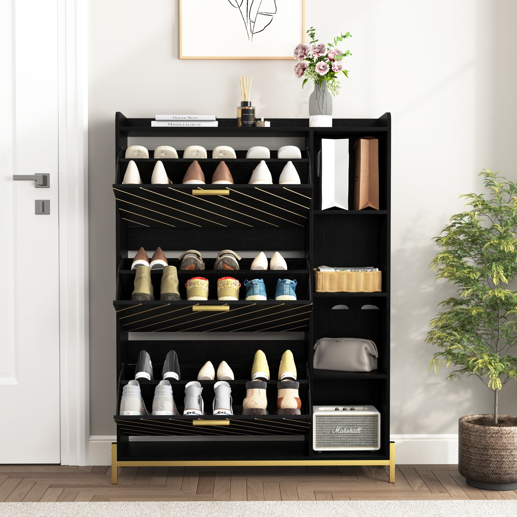 YYAo Shoe Cabinet with 3 Flip Drawers, Modern Entryway Shoe Storage ...