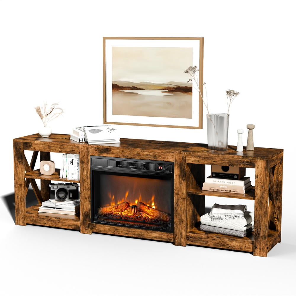 YYAo Weathered Wood Media Console with 23 Inch Fireplace Insert and Dual-Sided Crossover ...