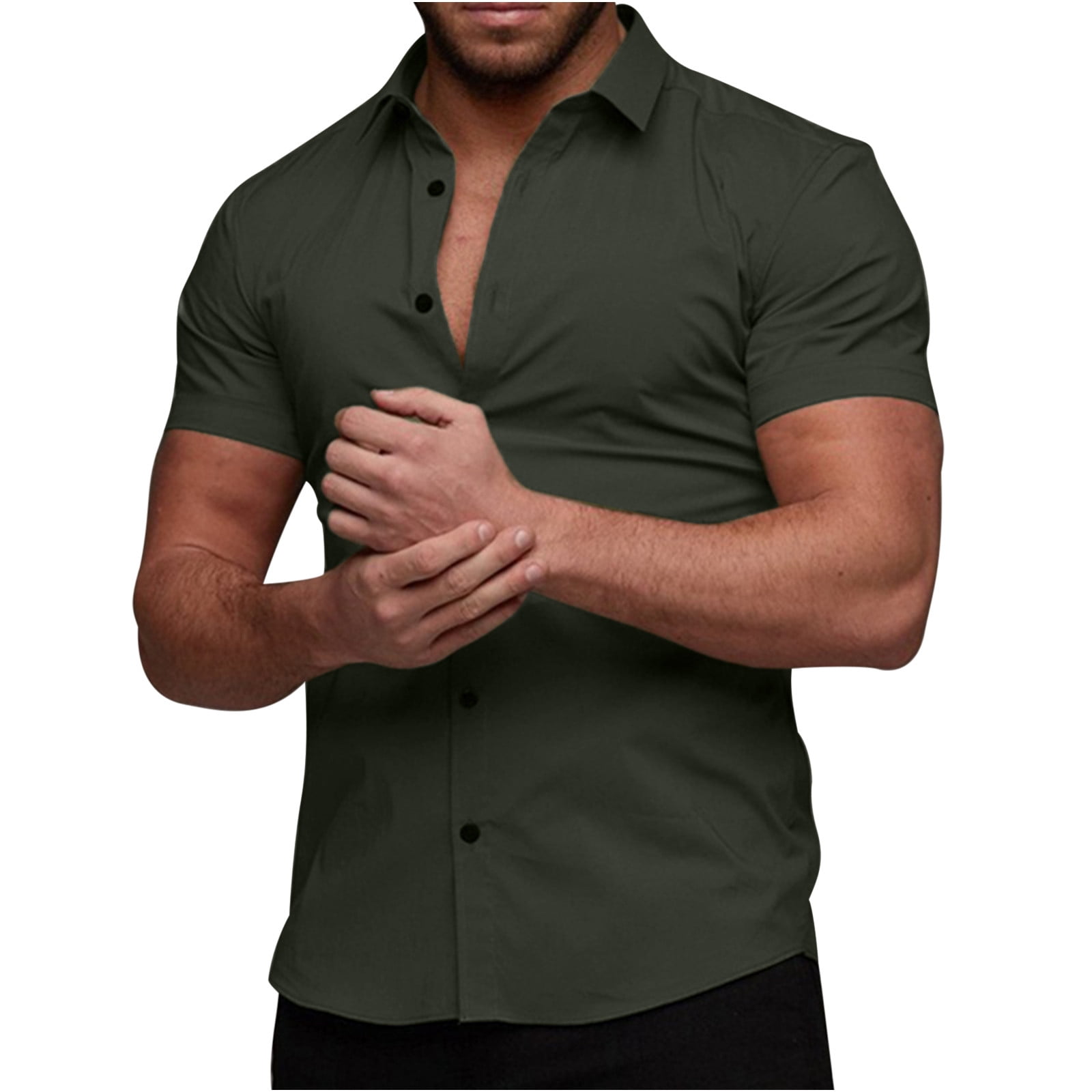 YYDGH Casual Men's Muscle Fit Dress Shirts Short Sleeve Athletic Fit Button Down Shirts(Army ...
