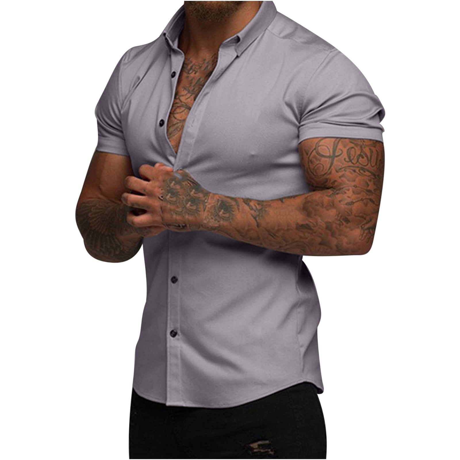 YYDGH Casual Men's Muscle Fit Dress Shirts Short Sleeve Athletic Fit Button Down Shirts(Gray,M ...