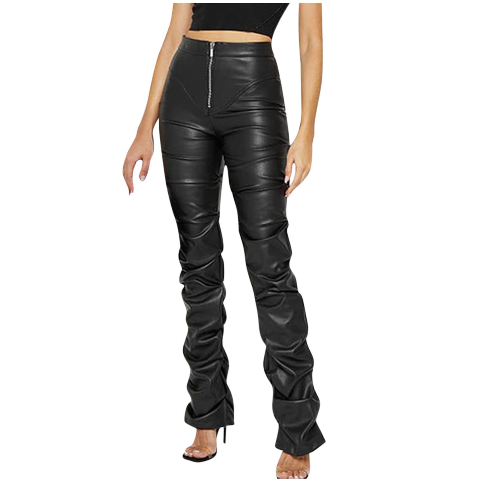 YYDGH High Waist Stacked Pants for Women Faux Leather Ruffle Ruched ...