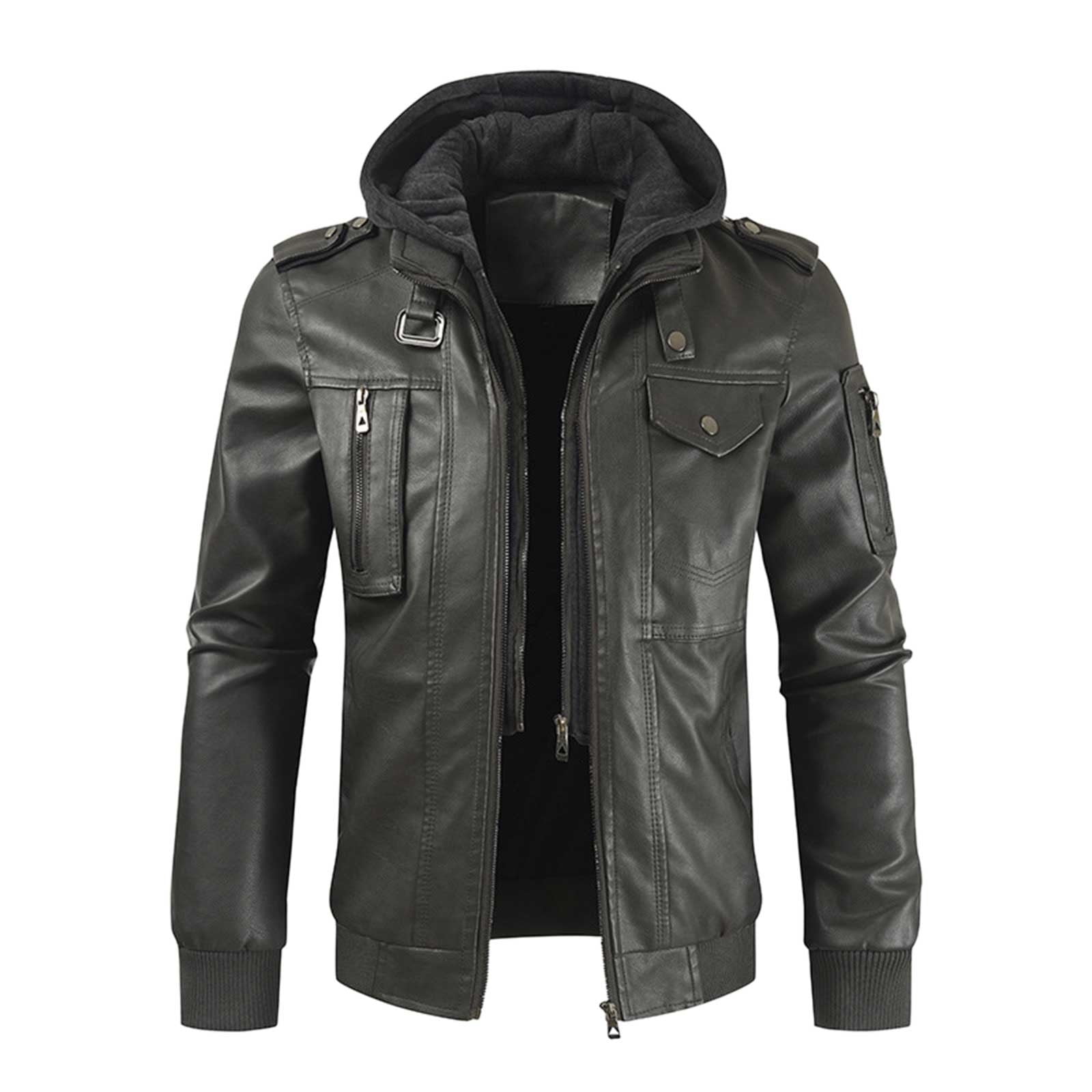 YYDGH Men's Motorcycle Jacket Casual Hooded PU Faux Leather Bomber ...