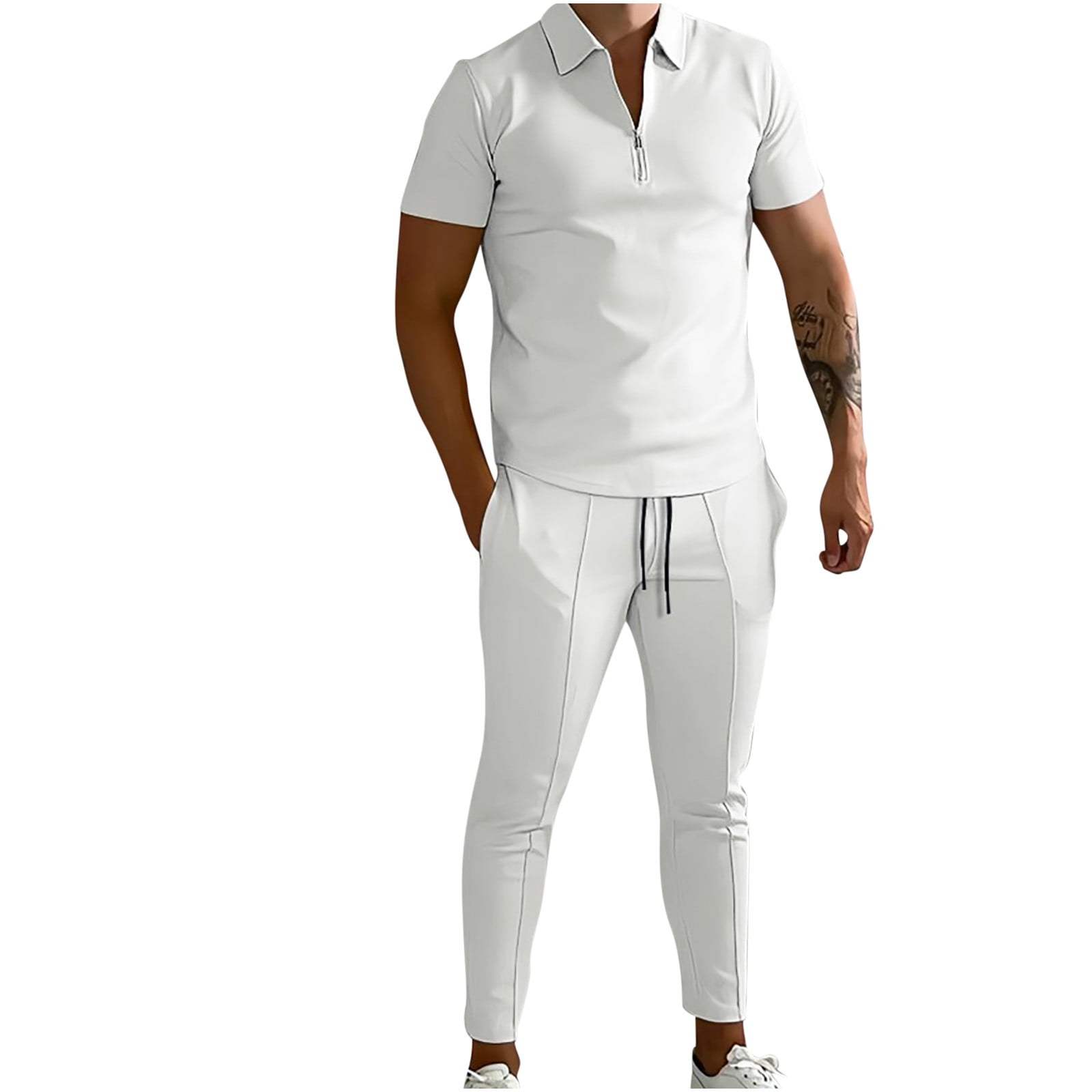 YYDGH Men's Shirts Sets Long Sleeve Zip up Polo Shirt and Stright Leg ...