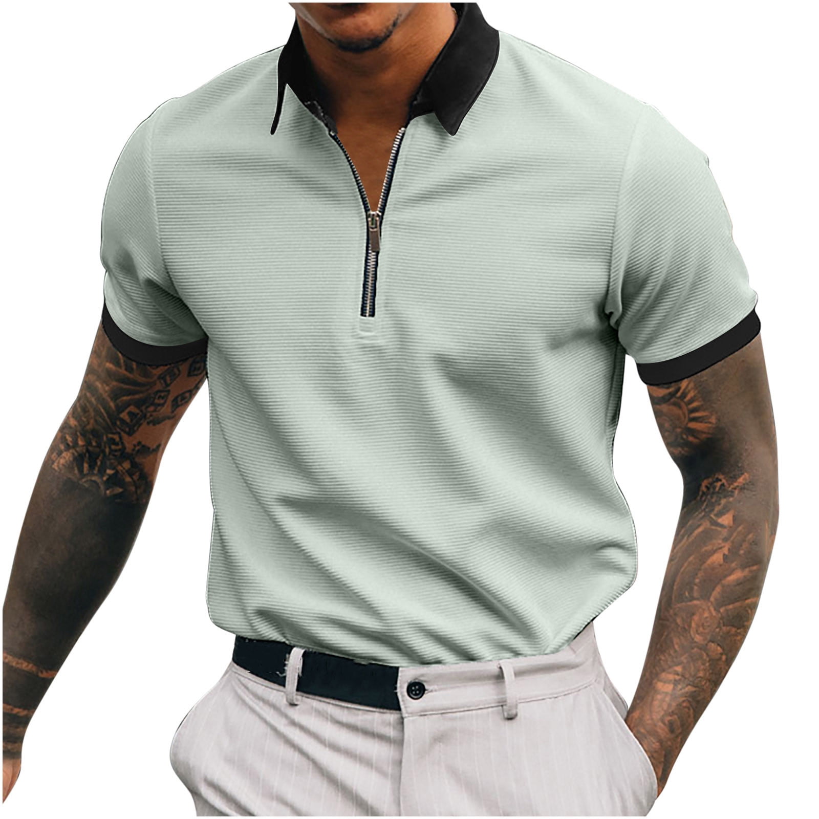 YYDGH Men's Zipper Polo Shirt Casual Knit Short Sleeve Polo T Shirt ...