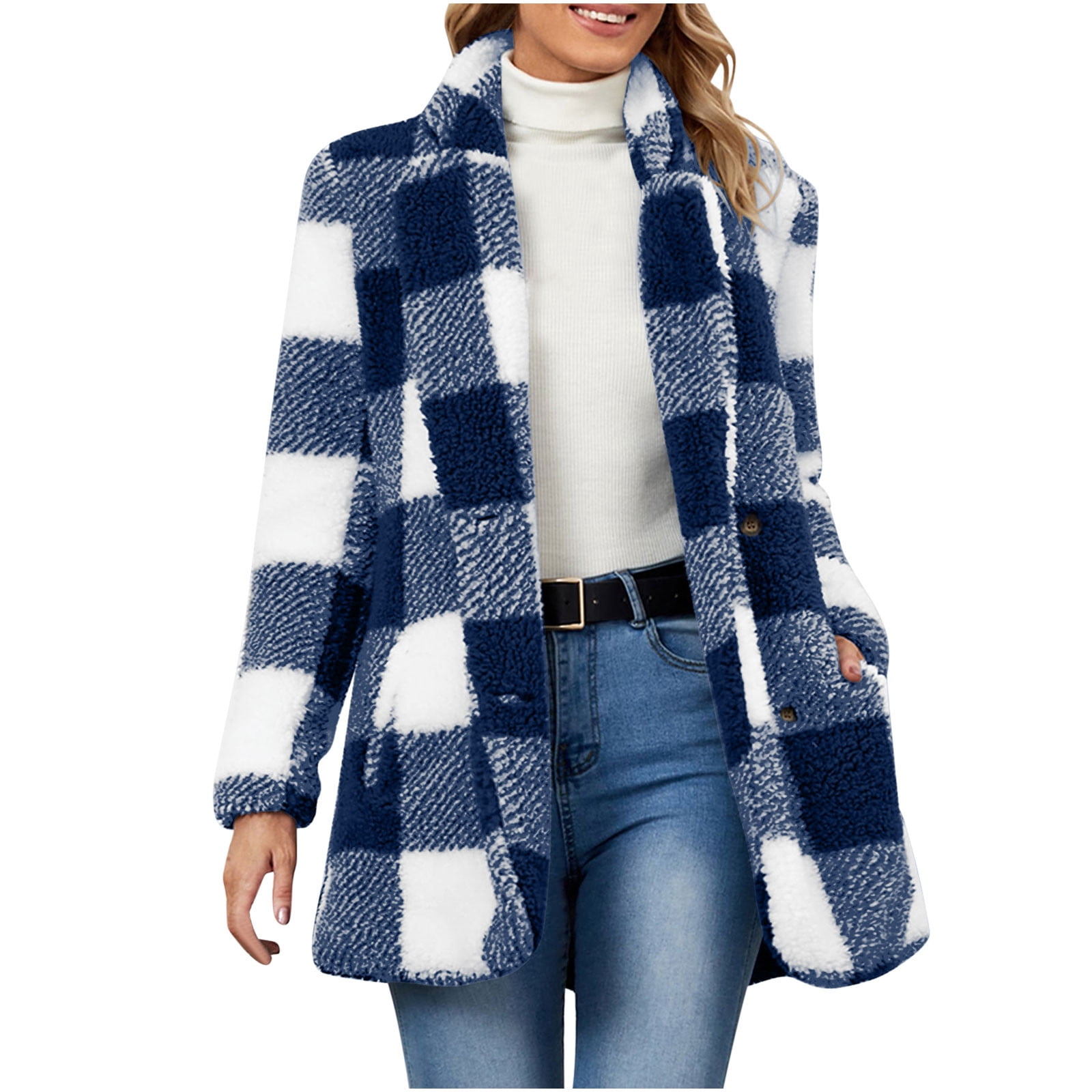 YYDGH Sherpa Fleece Shacket Women Long Sleeve Button Down Plaid Flannel ...
