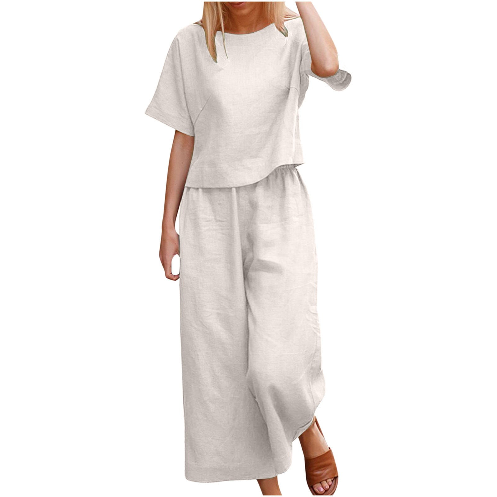 YYDGH Summer Cotton Linen Sets for Women 2 Piece Outfits Crewneck Half ...