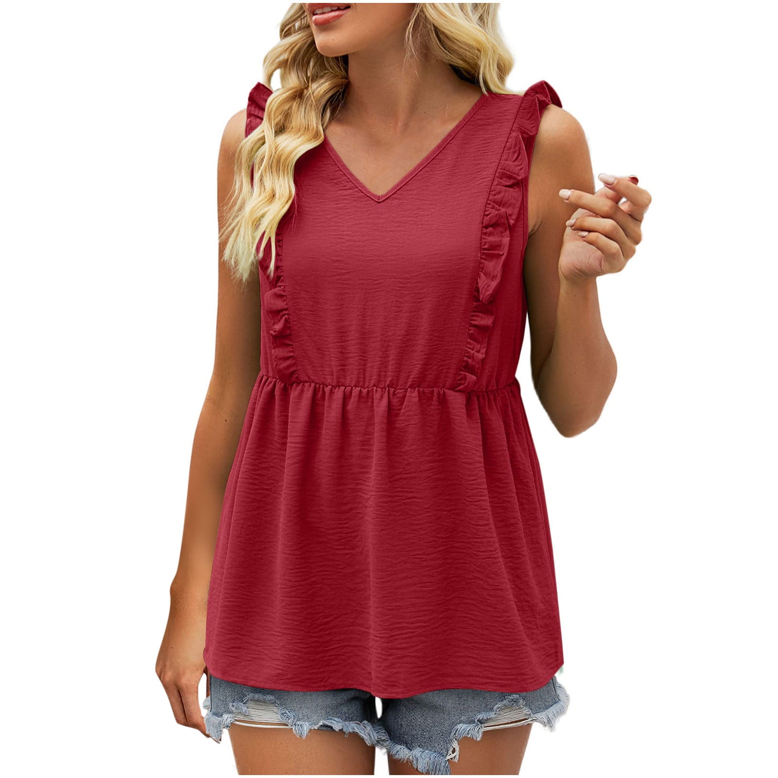 YYDGH Tank Top for Women V Neck Ruffle Shirts Dressy Casual Sleeveless ...