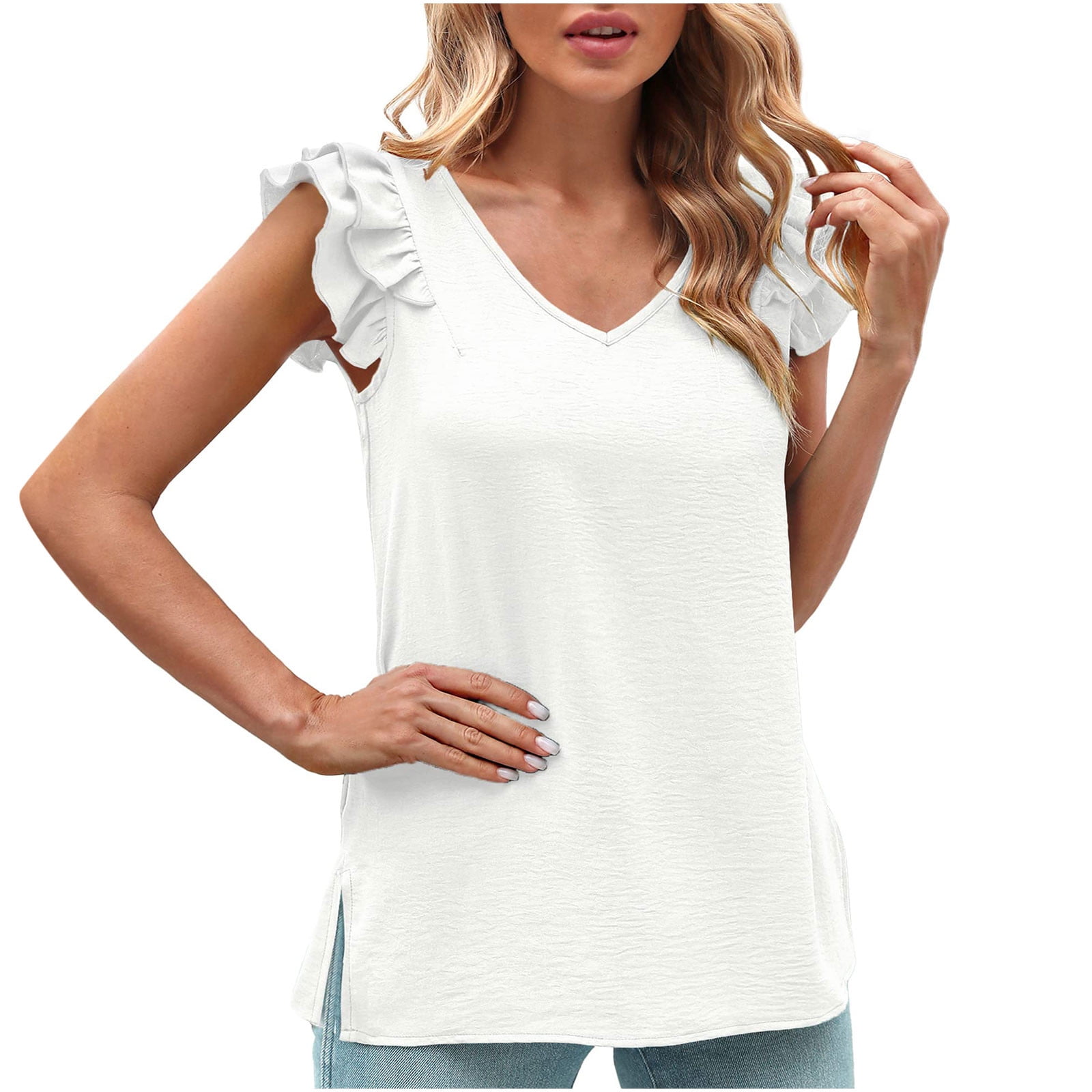 YYDGH Tank Tops for Women V Neck Ruffle Sleeves Shirts Summer Solid ...