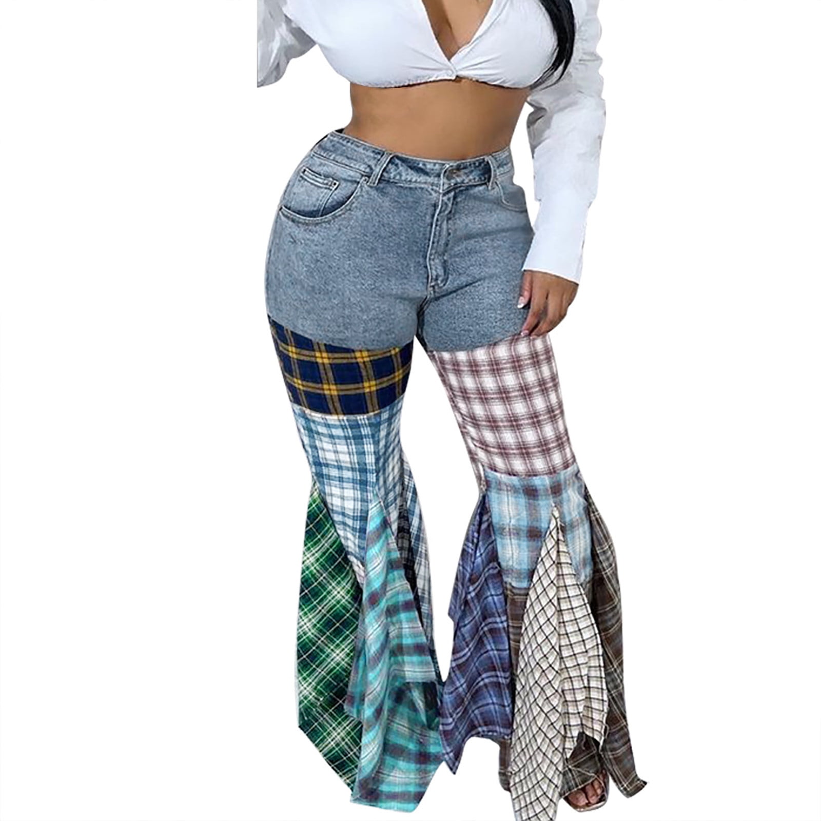 YYDGH Women Patchwork Flared Jeans Plaid Bell Bottom Denim Pants ...