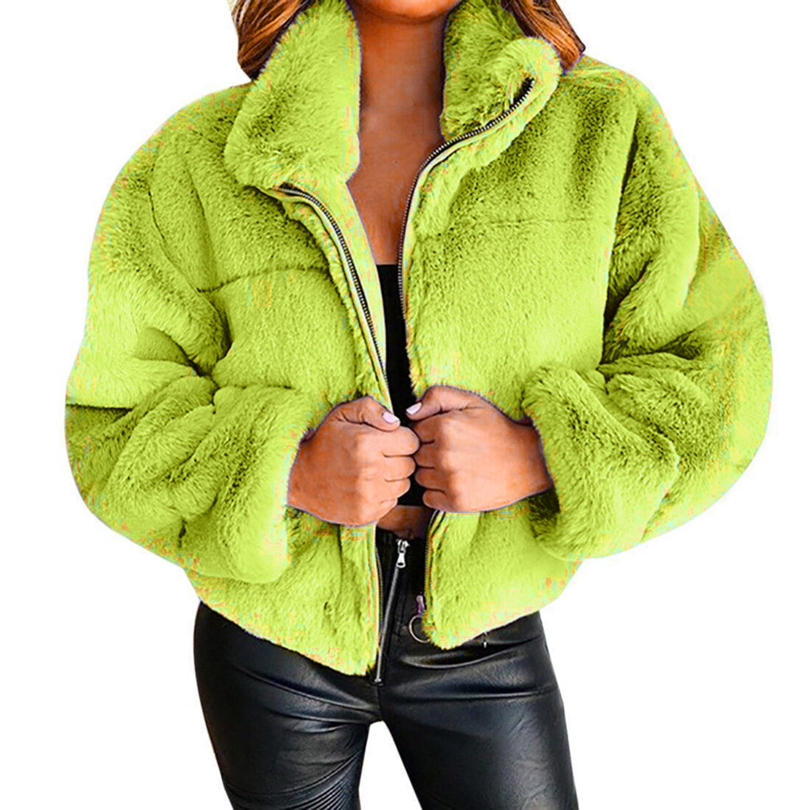 YYDGH Women Warm Winter Short Jacket Solid Color Long Sleeve Shaggy ...