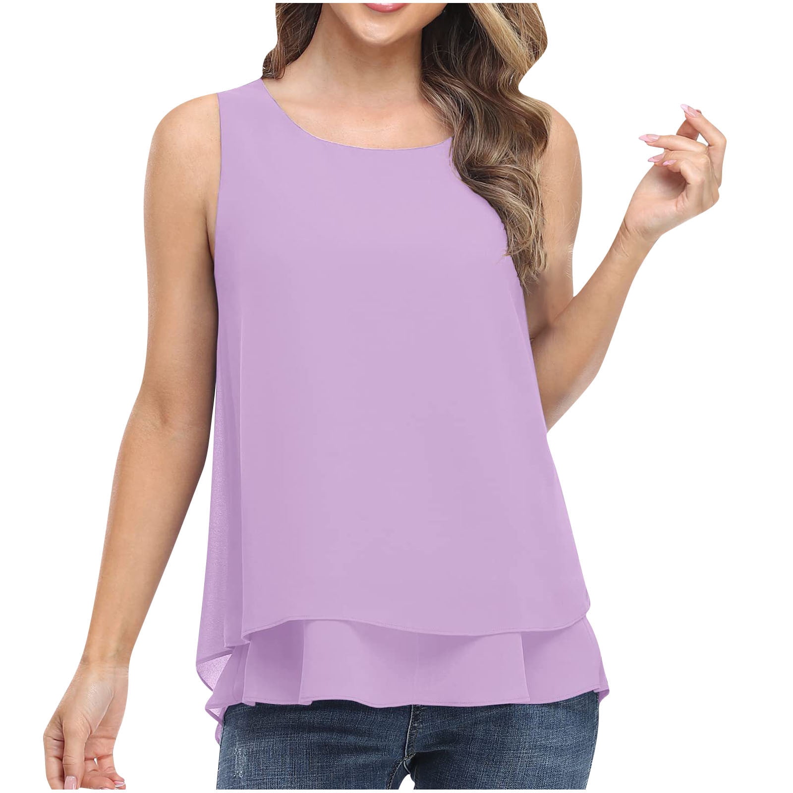 YYDGH Women's Chiffon Double Layered Tank Tops Summer Sleeveless Crew ...