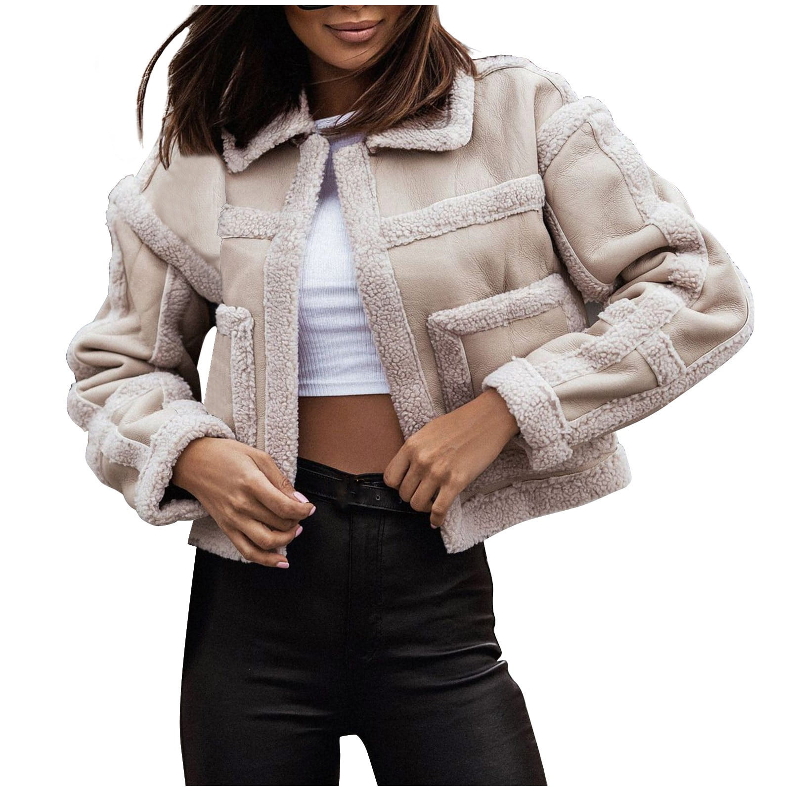 YYDGH Women's Faux Leather Shearing Moto Jacket Long Sleeve Lapel ...
