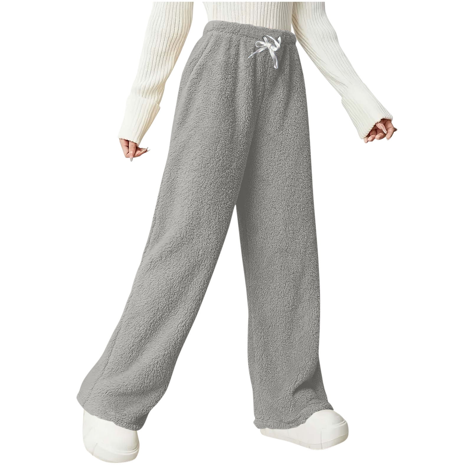 YYDGH Women's Fuzzy Plush Pajama Pants Drawstring Elastic Waist Wide ...