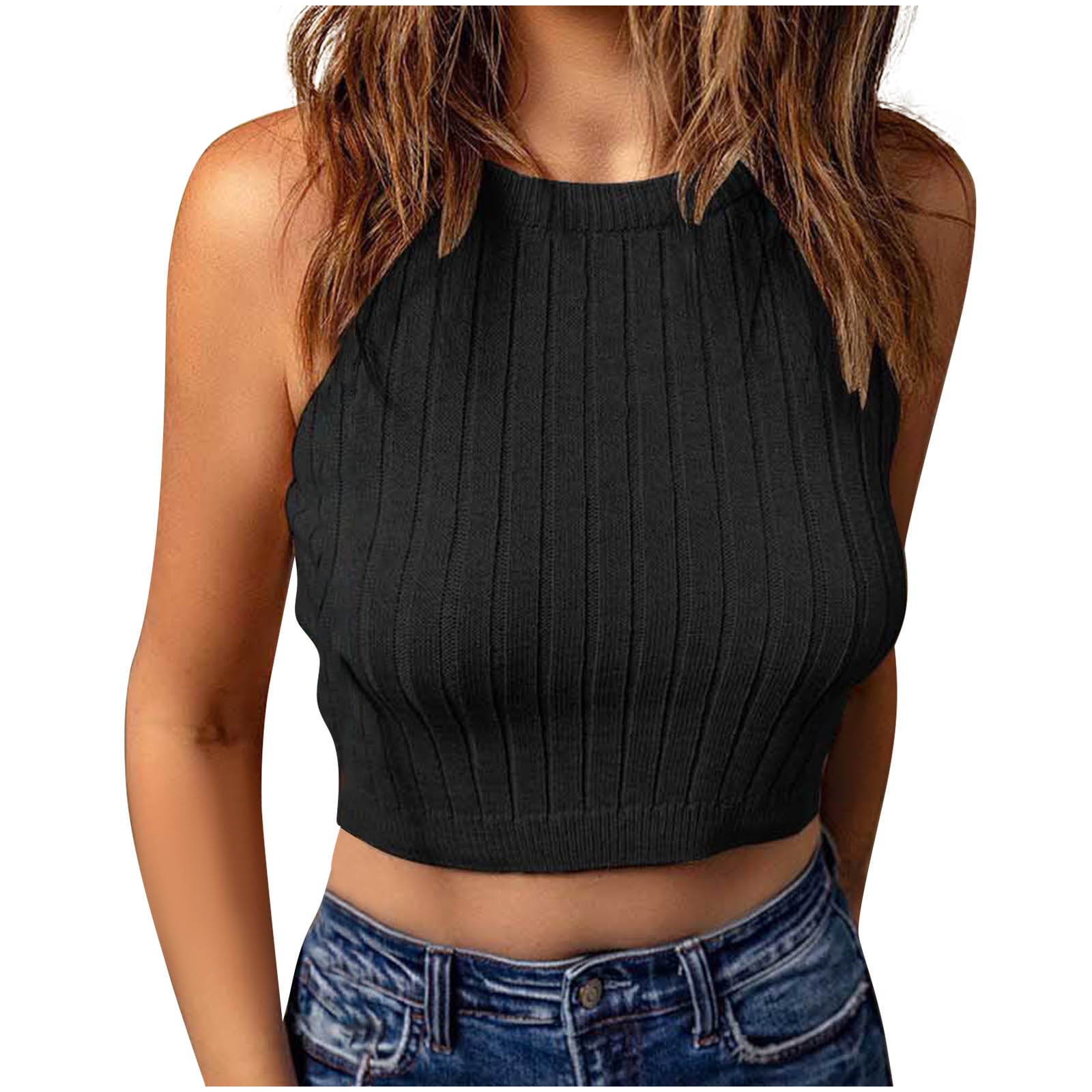 Yydgh Womens Knit Crop Top Ribbed Sleeveless Halter Neck Vest Tank Top