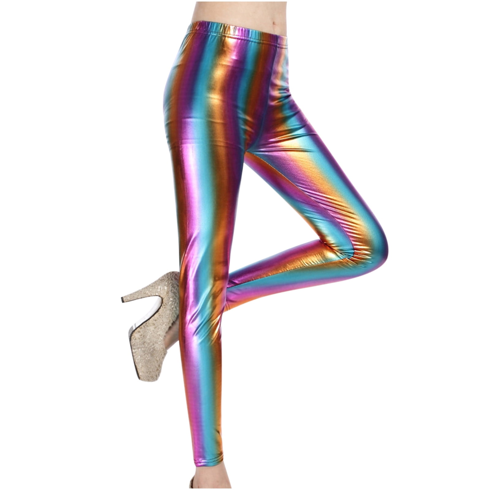 YYDGH Women's Shiny Metallic Leggings Sexy High Gloss Skinny Pants Faux ...