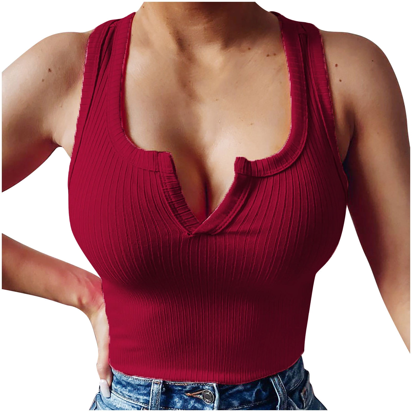 YYDGH Women's Sleeveless Notched V Neck Crop Top Basic YYDGH Women's Sleeveless Notched V Neck Crop Top Basic