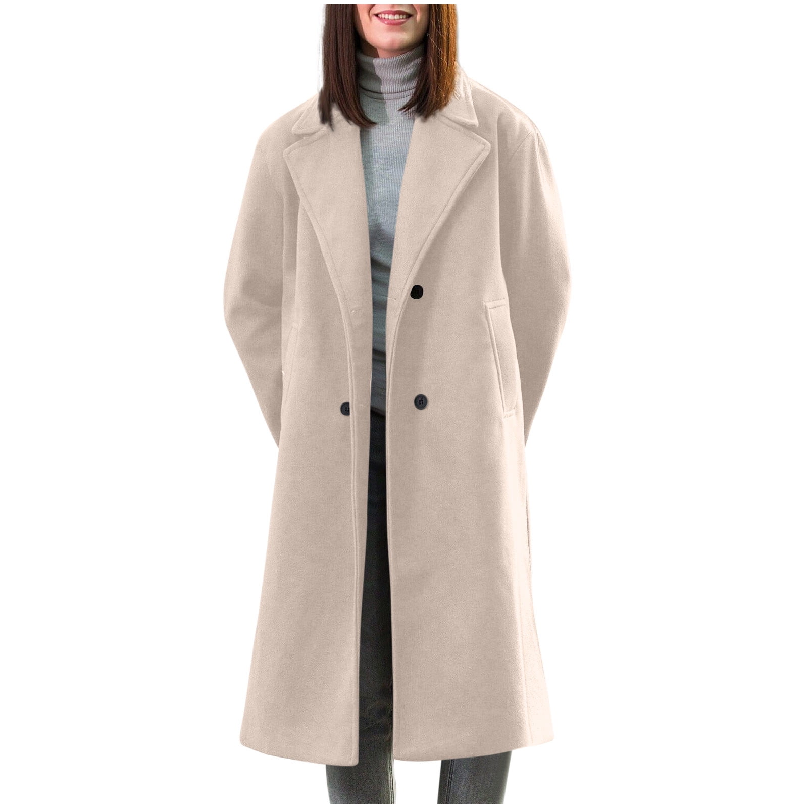 YYDGH Womens Long Pea Coat Notch Lapel Double Breasted Trench Coat Fall ...