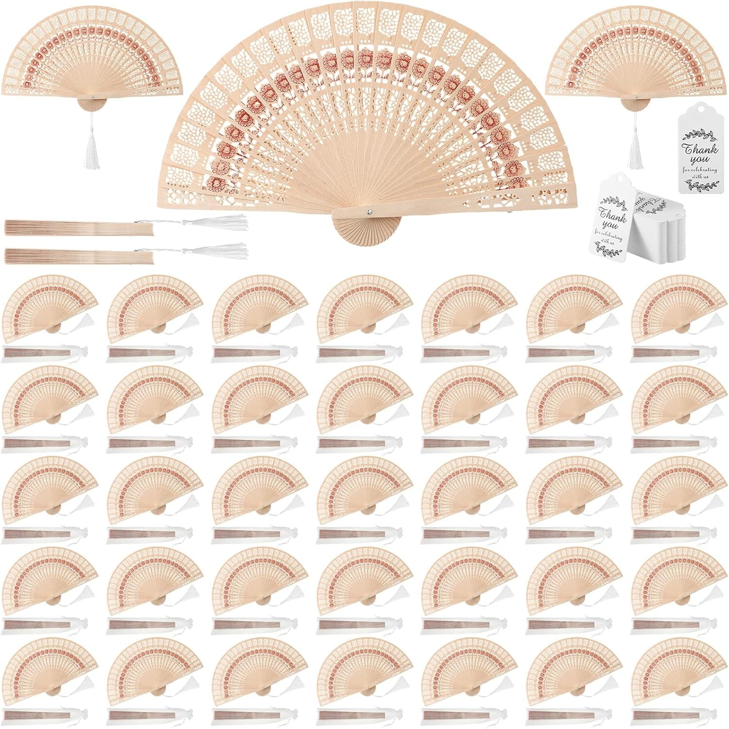 YYDSZ 150 Sets Sandalwood Fans with Tassels, Organza Sleeve and Thank ...