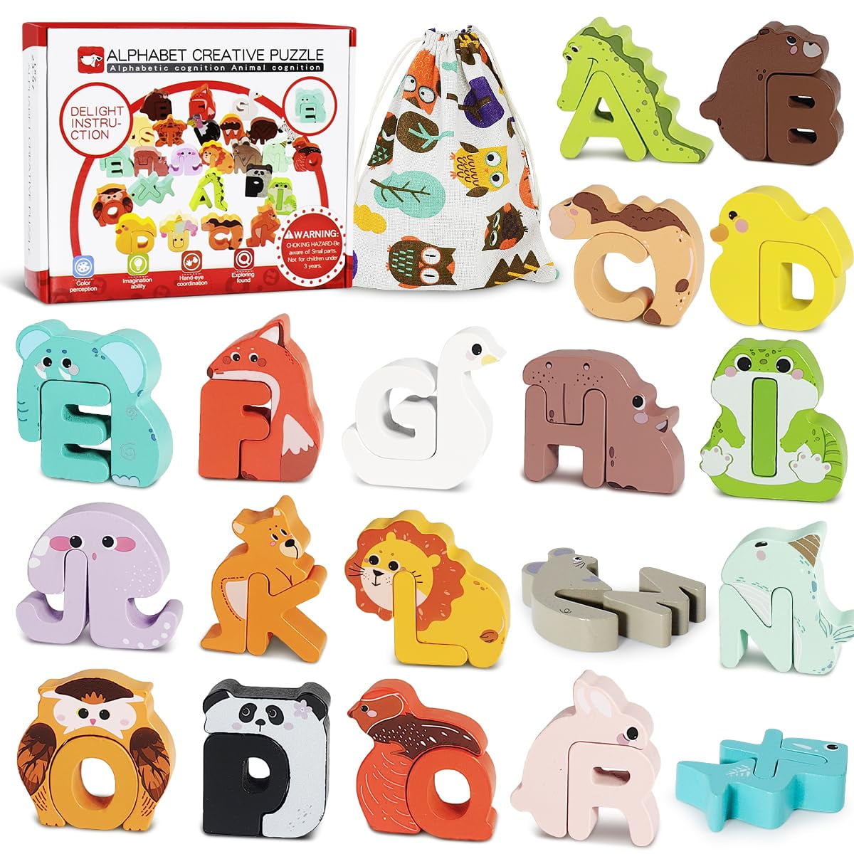 YYDeek 52 Pieces Matching KEF16 Game, Wooden Alphabet Animal Puzzles ...