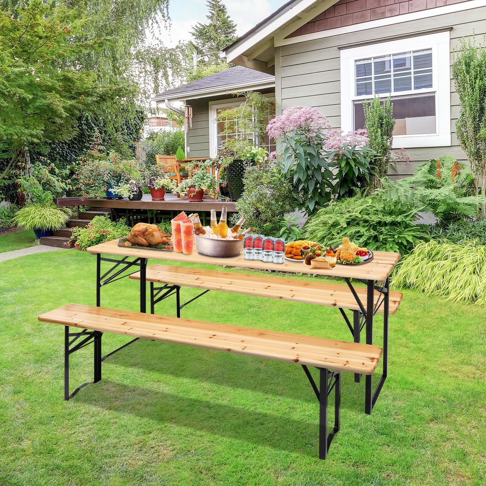 YYEAN 3-Piece Outdoor Wooden Picnic Set – Foldable Dining Table with ...