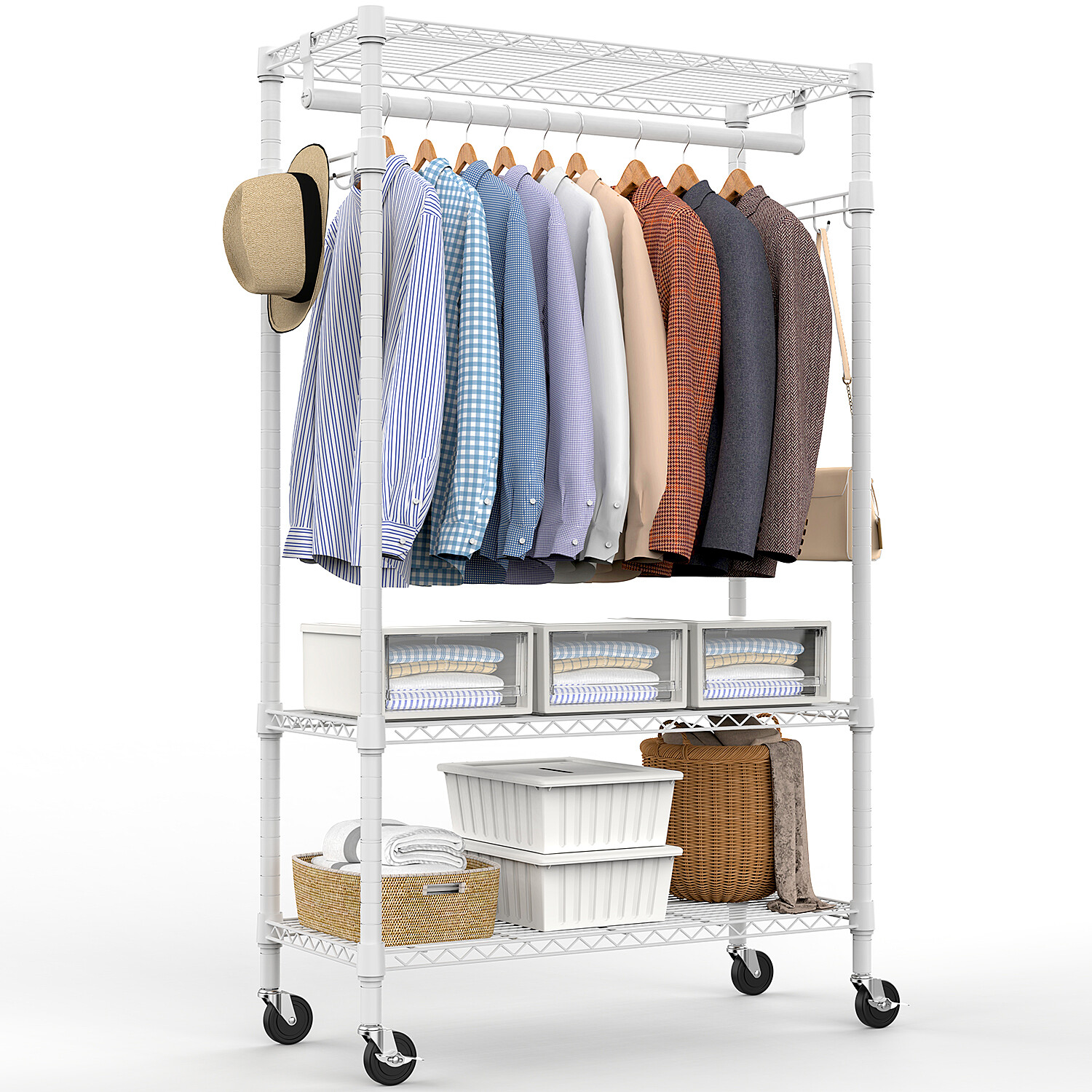 YYEAN Heavy Duty Rolling Garment Rack - 3 Tier Clothing Shelves with 1 ...