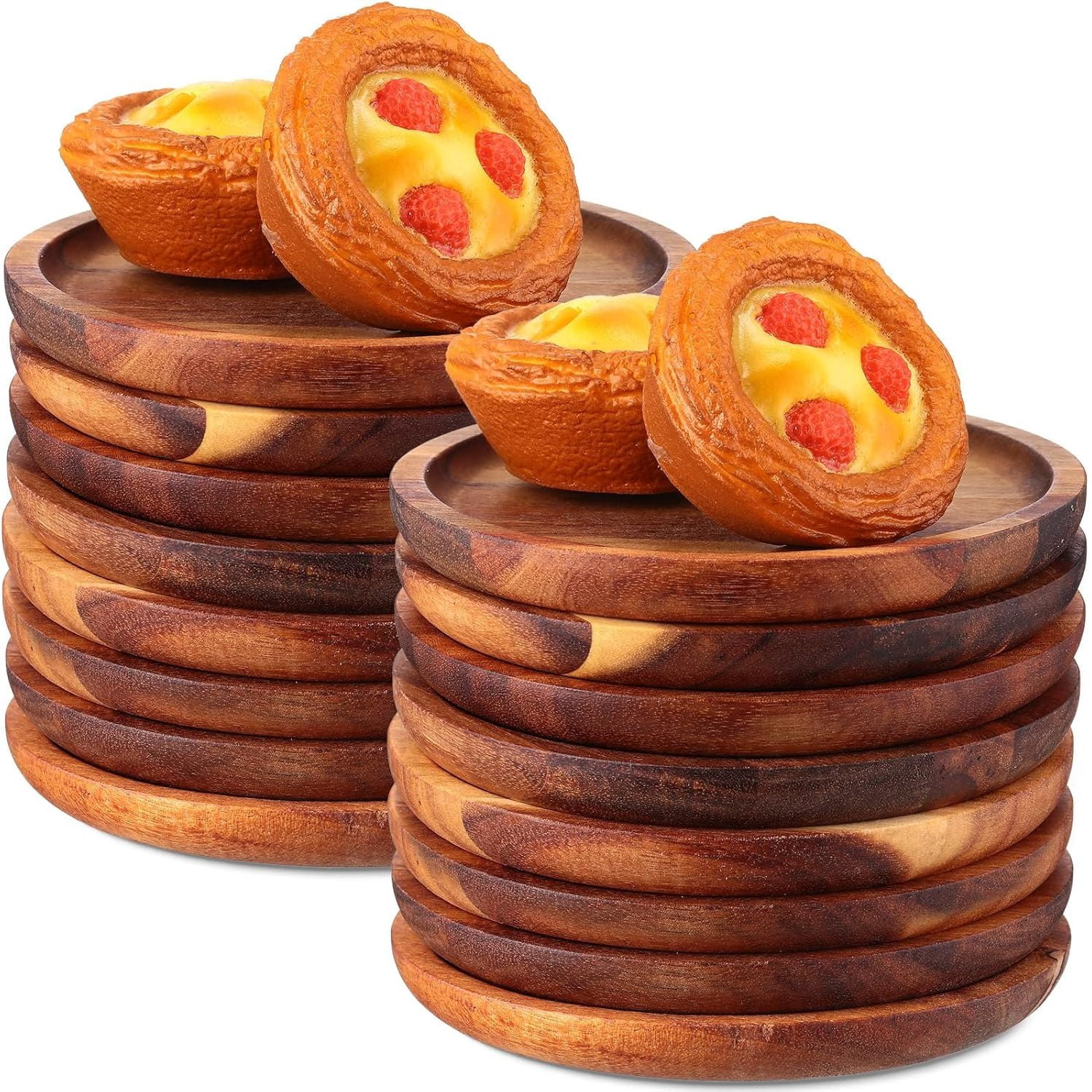 YYJP 16 Pcs Acacia Wood Dinner Plates 6 Inch Round Wooden Plates ...