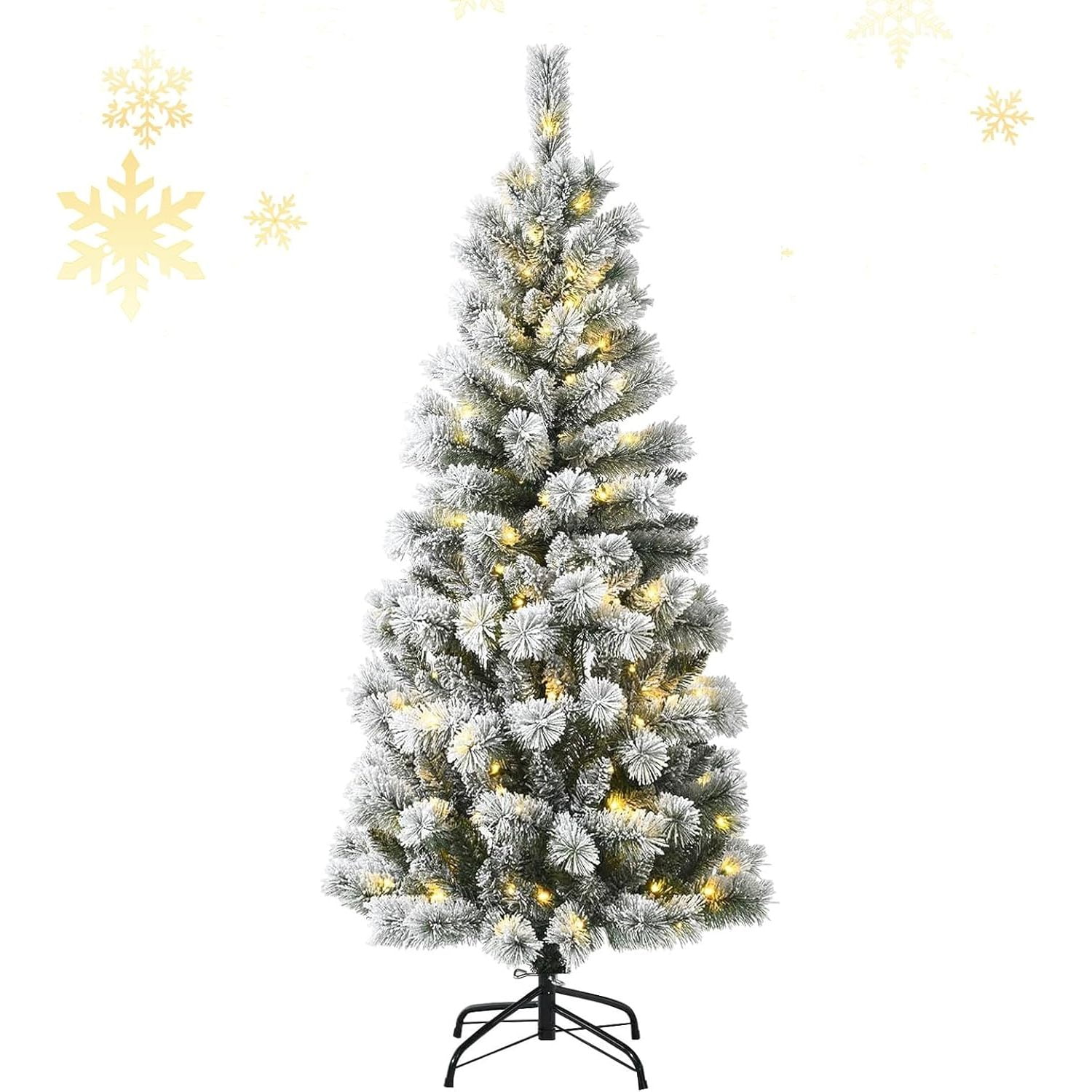 YYJP 5FT Pre-lit Snow Flocked Christmas Pine Tree Hinged Artificial Xmas Tree with 140 LED ...