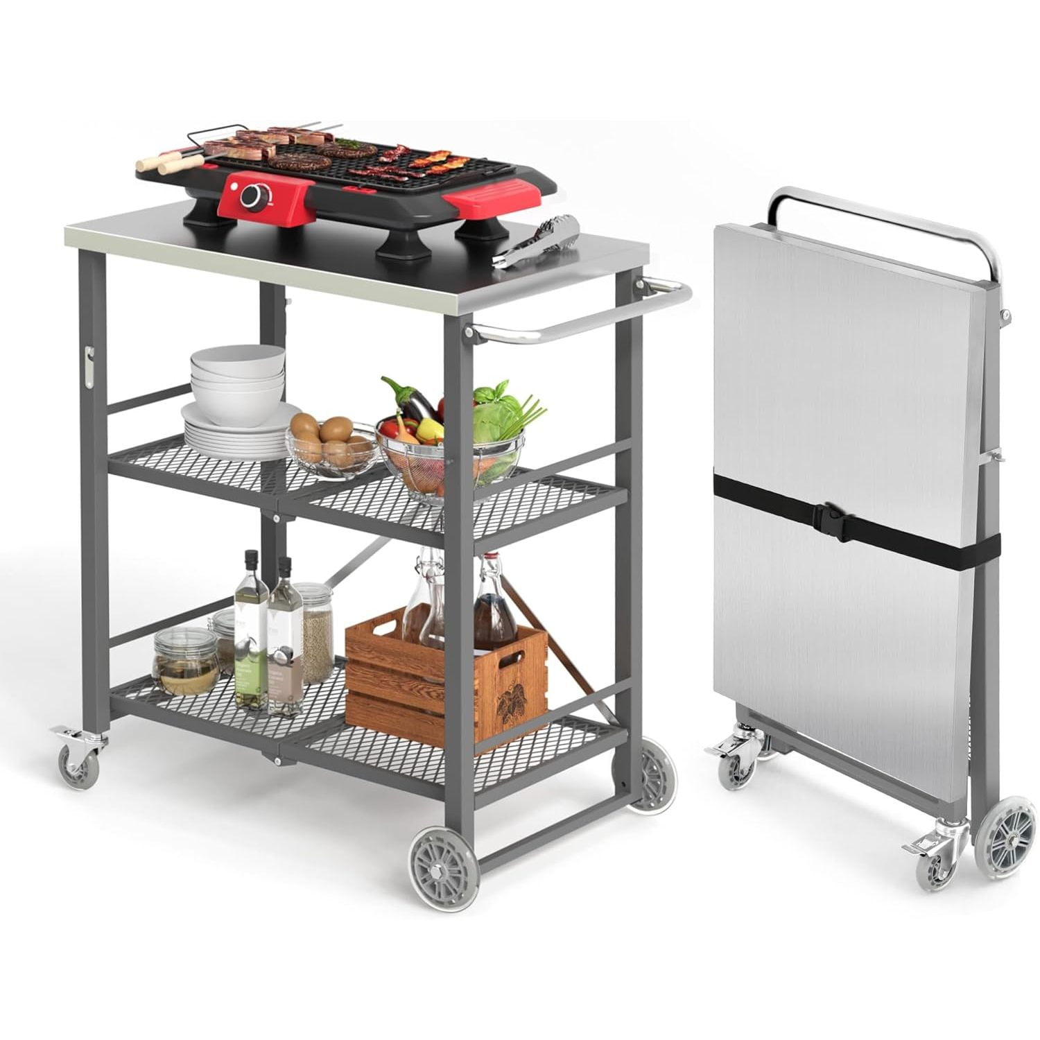 YYJP Foldable Outdoor Grill Table with 2 Total Lock Casters, Stainless ...