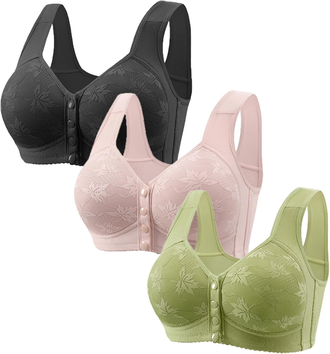 YYK 3 Pack Daisy Bras For Older Women No Underwire Front Closure Push ...