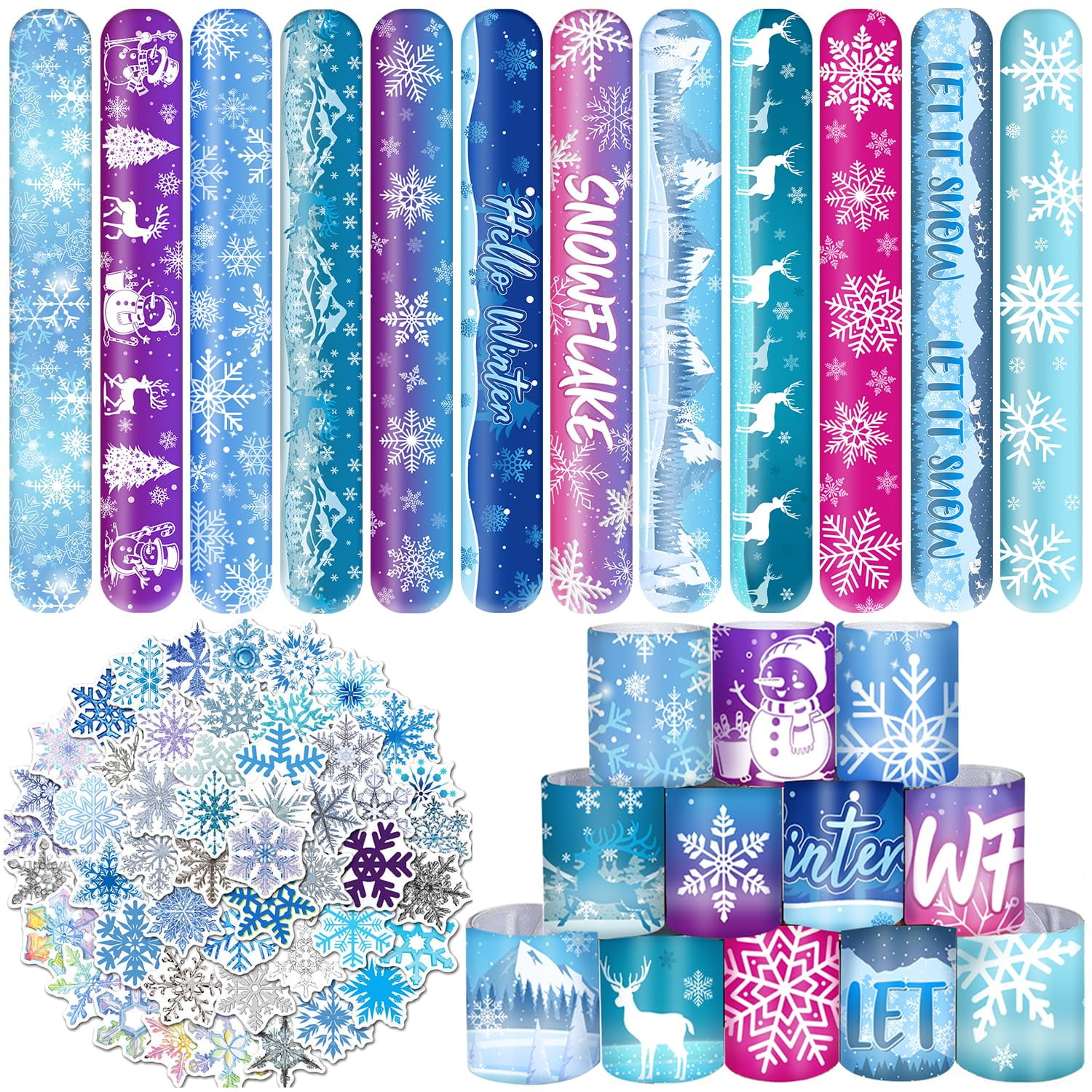 YYMYMGJ 74 PC Snowflake Party Favors, 24 Slap Bracelets, 50 Stickers ...