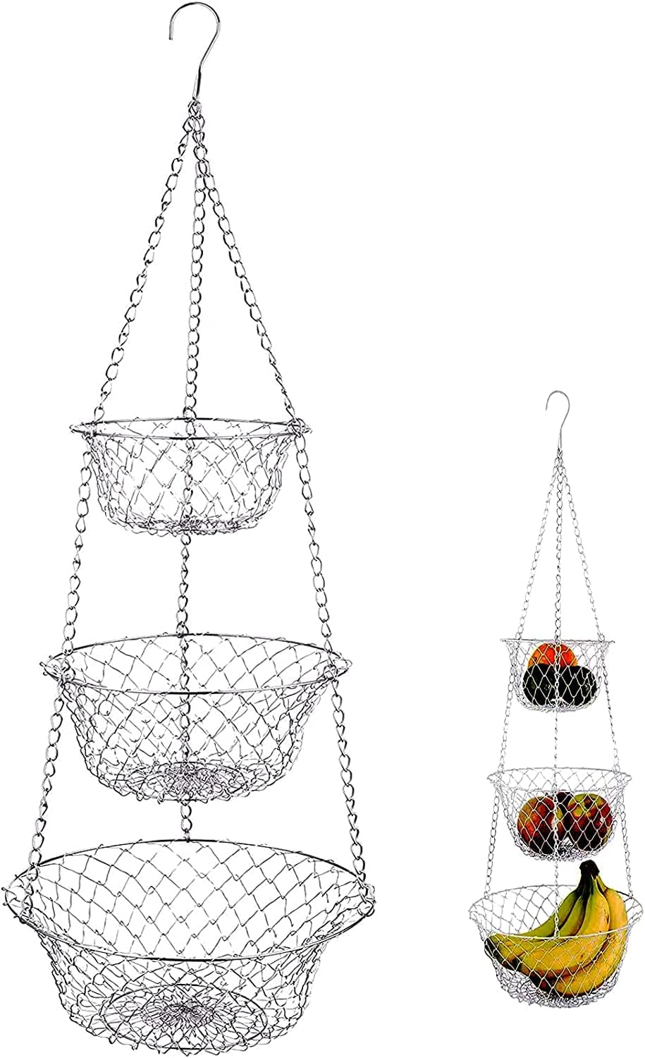 3-Tier Hanging Fruit/Vegetable Basket, Silver Metal with Rustic Mesh ...