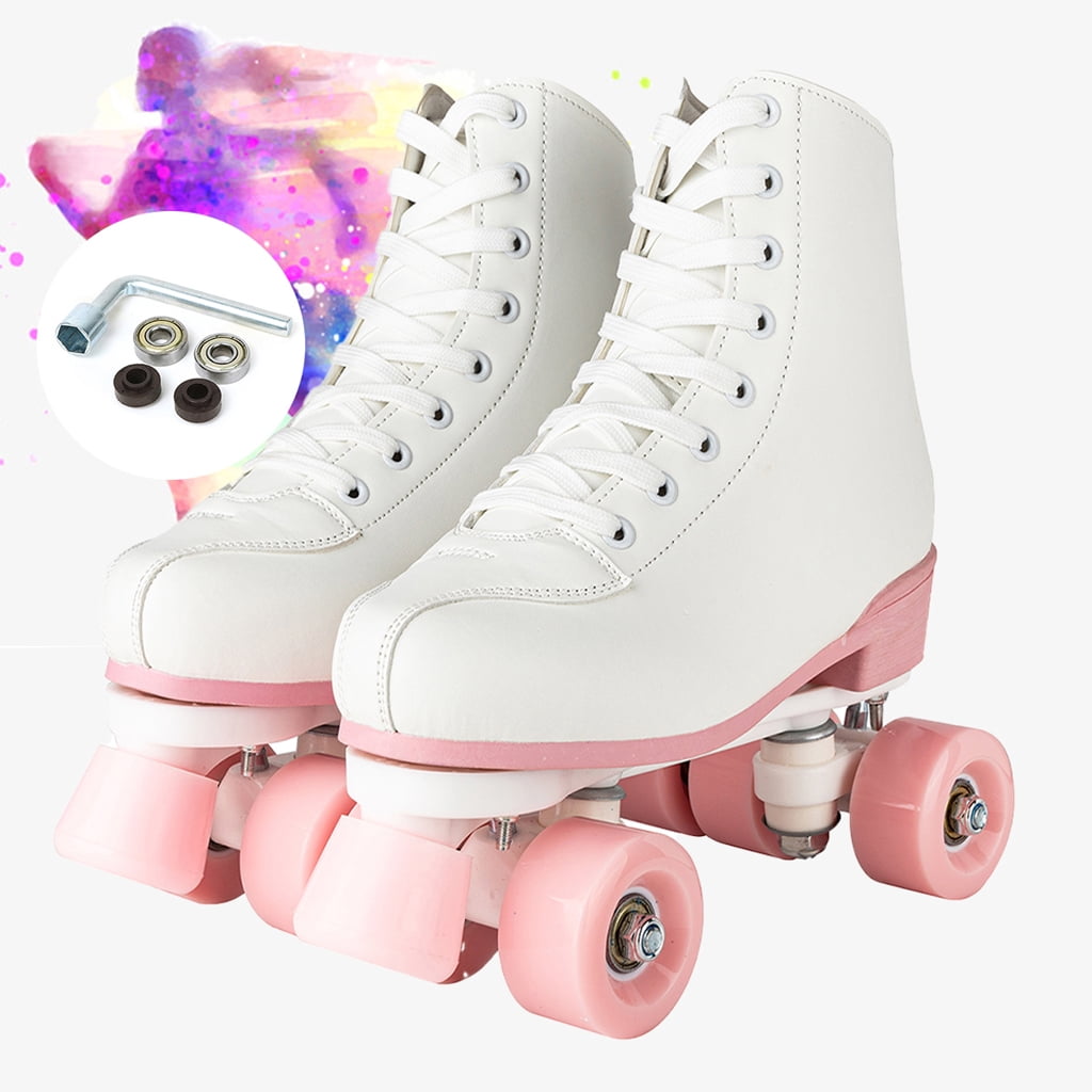YYUAN Women's Retro White Pink Double Roller Skates Adult Casual Roller ...