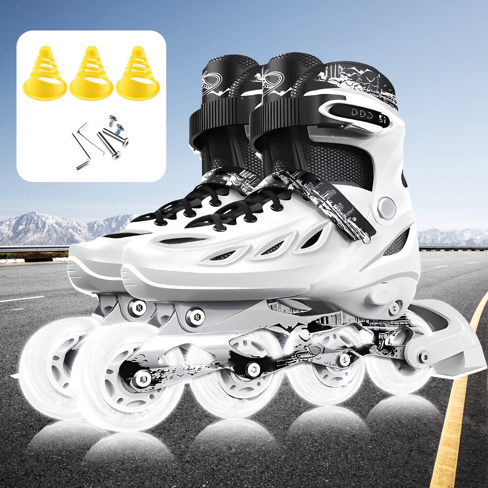LPAMEOIU Youth Inline Skates with Light-Up-Wheel,Adjustable-Size Roller ...