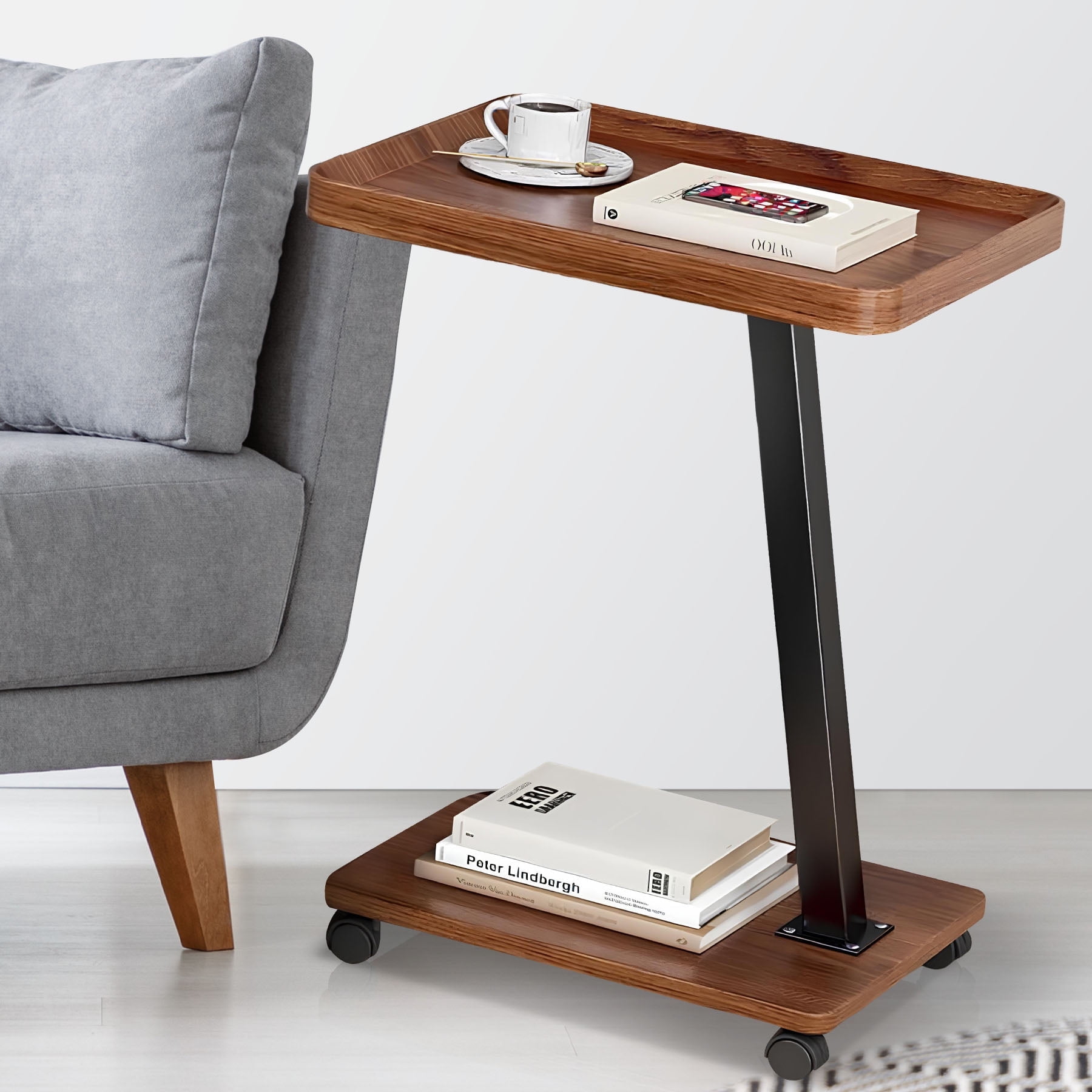 YYW C-Shape Side Table with Raised Tabletop Edge & 4-Pulley,Rolling End ...