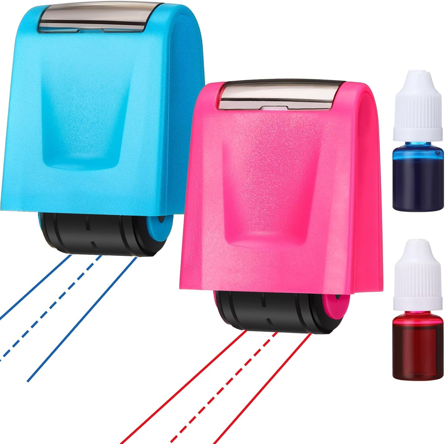 YYYYY 2 Pcs Dashed Handwriting Lines Stamps with Pink Blue Inks Refill Practice Stamps Roller ...