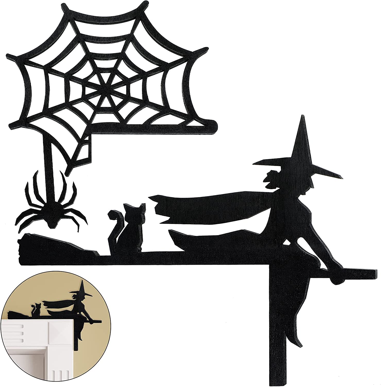 YYYYYY 2 Pieces Halloween Door Corner Sign Witch on Broom Spider Web ...