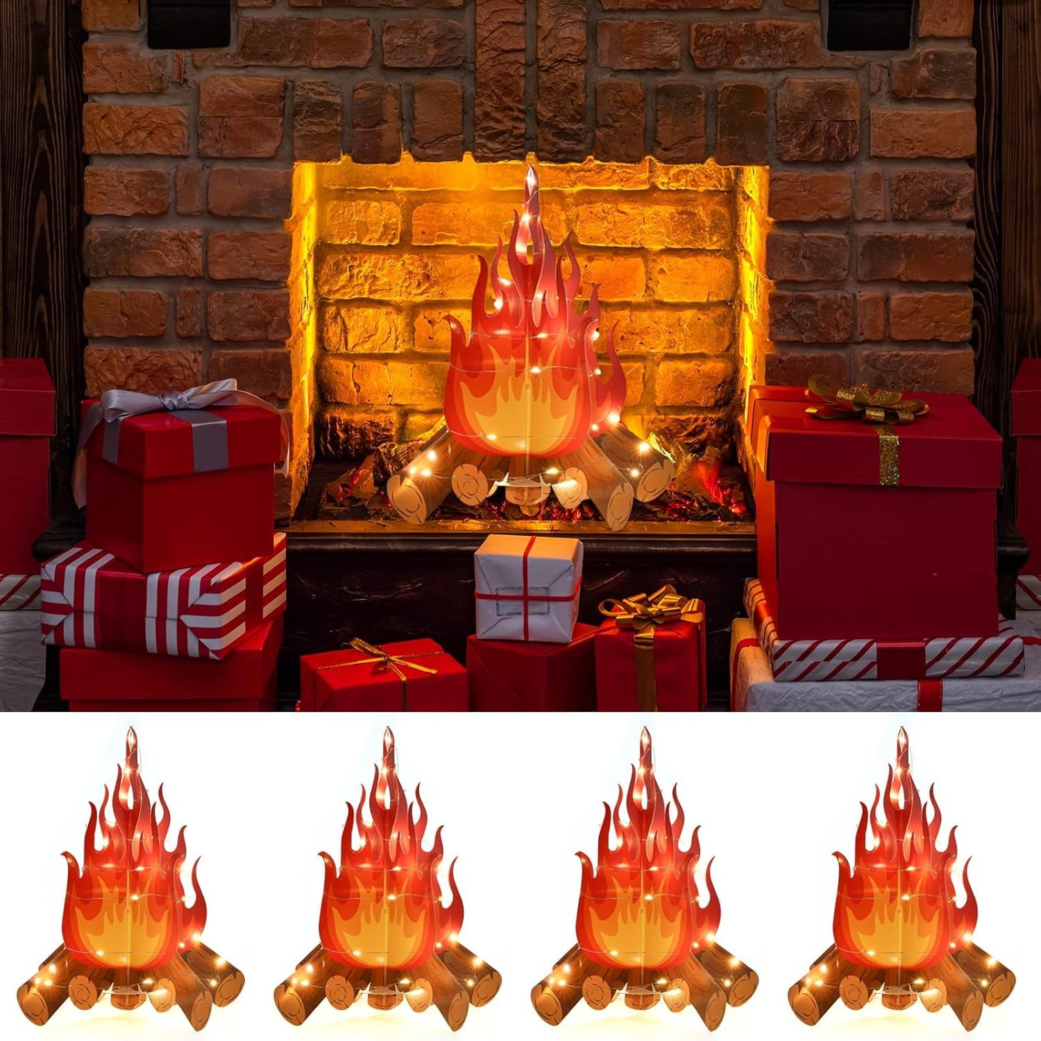 YYYYYY 4 Sets Led 3D Fake Fire for Christmas Fireplace Decorative Cardboard Campfire Centerpiece ...