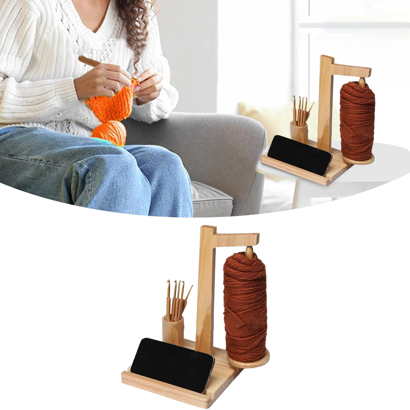 YYmvjgg Wooden Yarn Holder With Phone Stand Wooden Yarn Spool Rack Yarn ...
