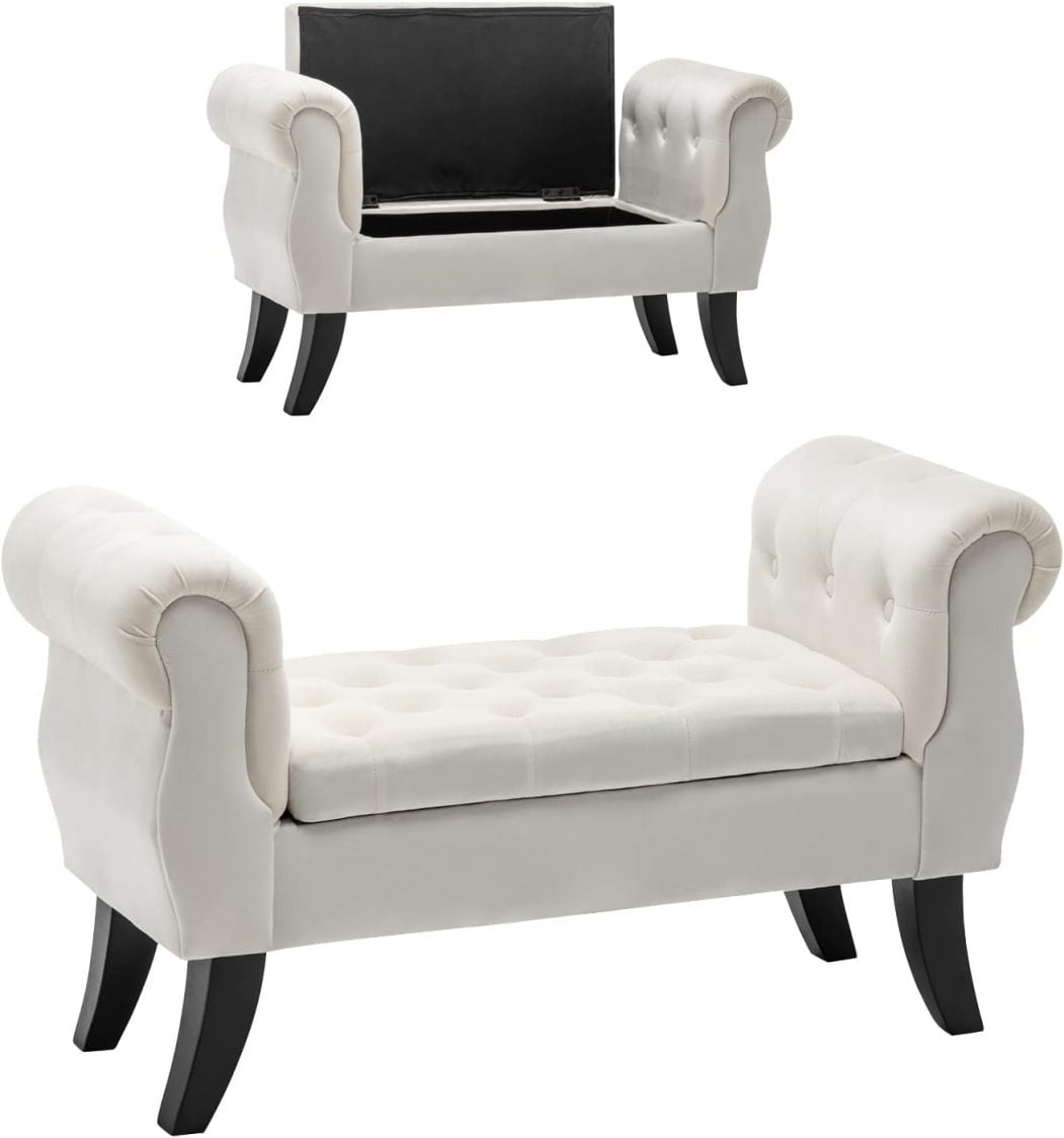 YZSP Rolled Arm Bed Bench with Storage Velvet Cushioned Bedroom Ottoman ...