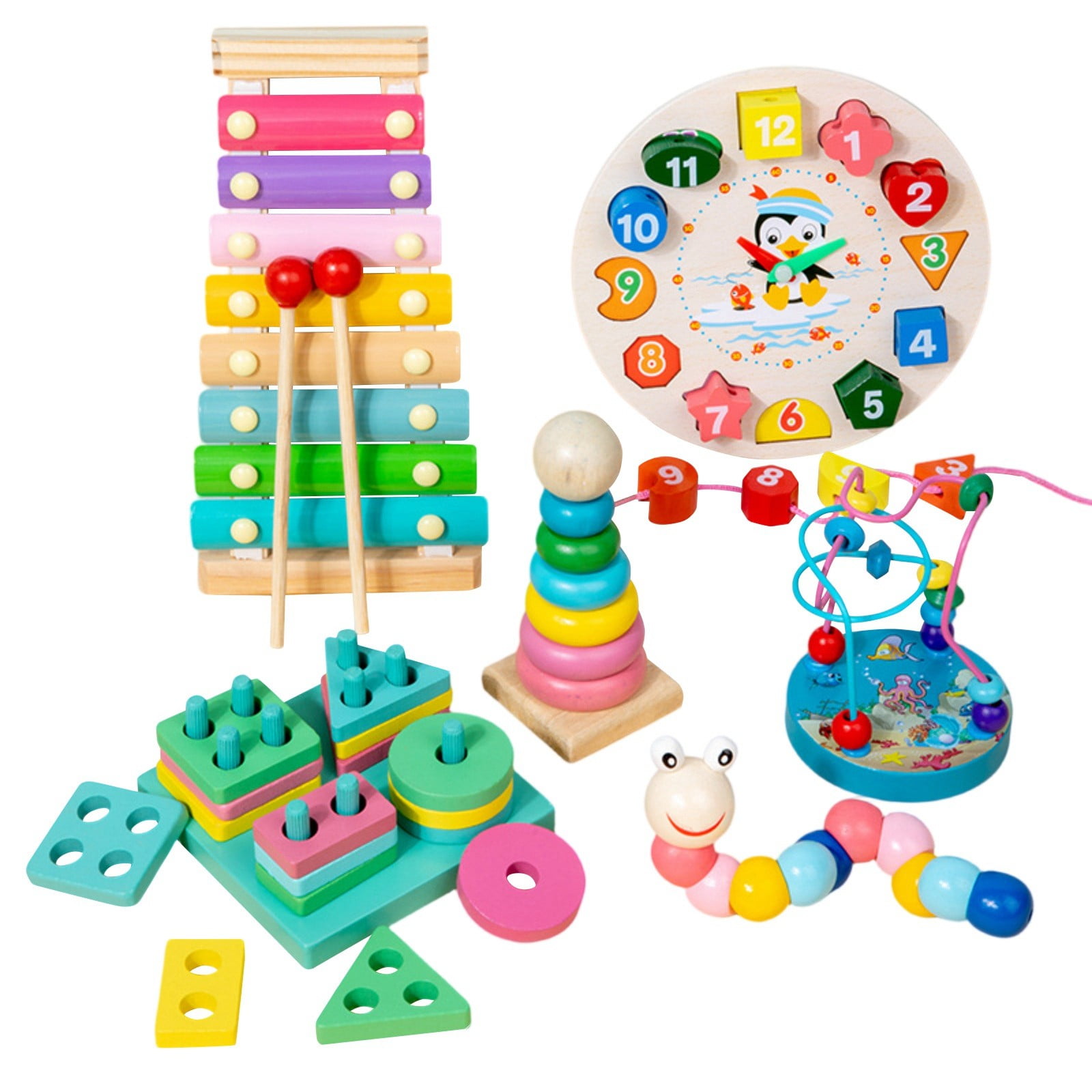 YZWEI 6 in 1 Early Education Toy Set for Toddlers, Xylophone, Clock ...