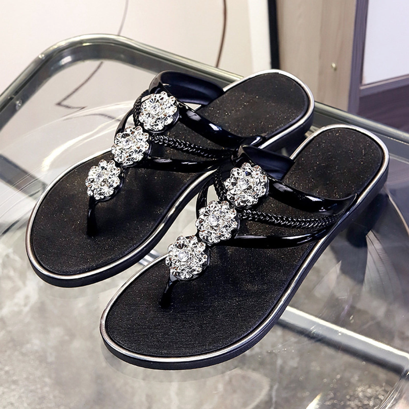 YZWEI Black Sandals Women Comfortable, Women's Beach Flat Bottomed ...