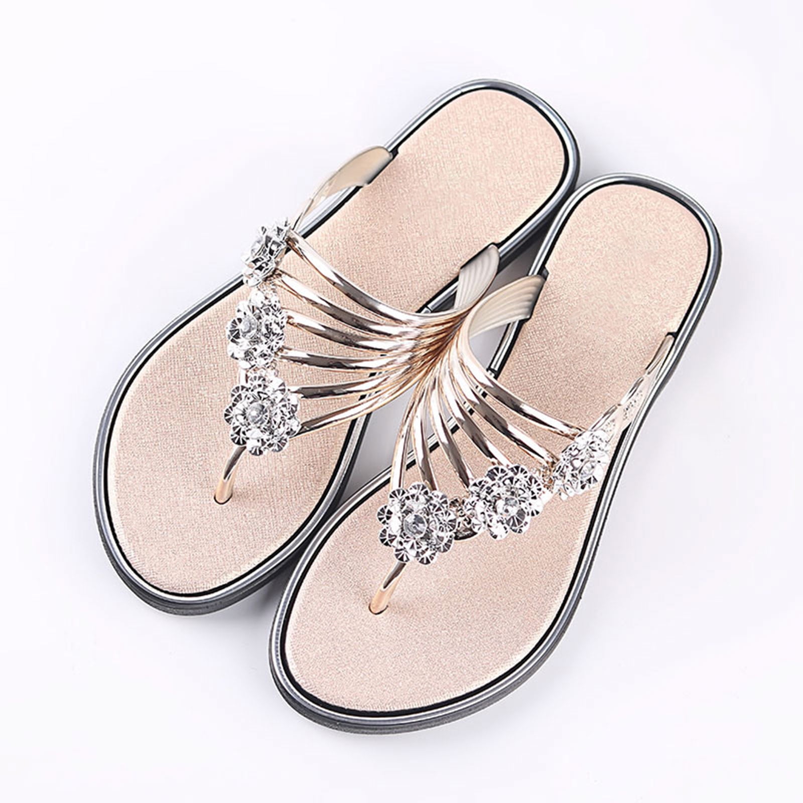 YZWEI Jewel Sandals For Women, Women's Beach Flat Bottomed Rhinestone ...
