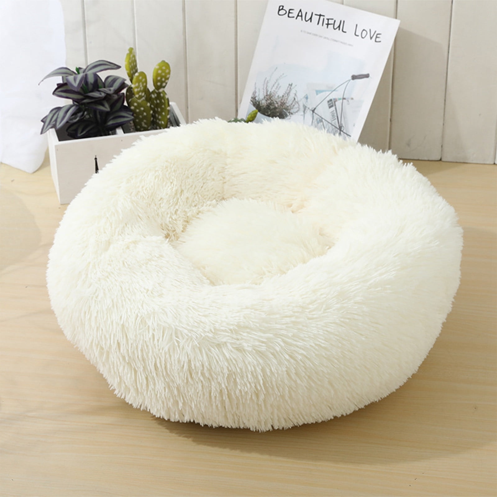 YZWEI Washable Donut Dog and Cat Bed Round Anxiety-Calming Plush Faux ...