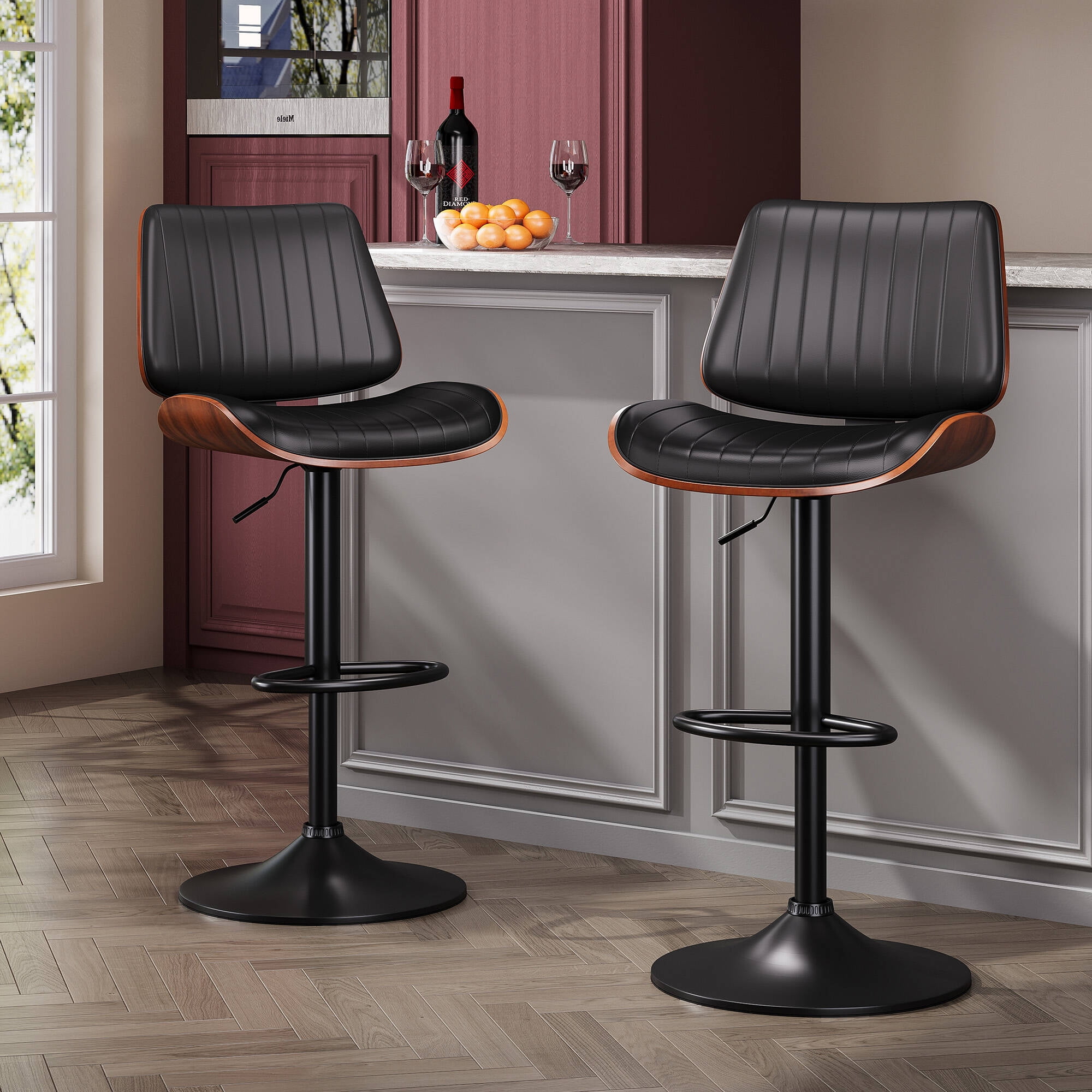 YaFiti Bar Chair Set of 2 Bar Stools Upholstered PU Leather Lift Swivel ...