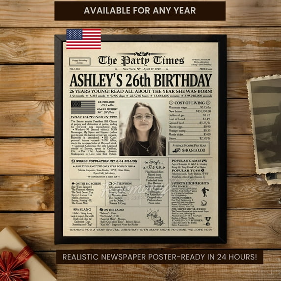 YaHaku 26th Birthday Gift for Her or Him, 26th Birthday Newspaper, Back ...
