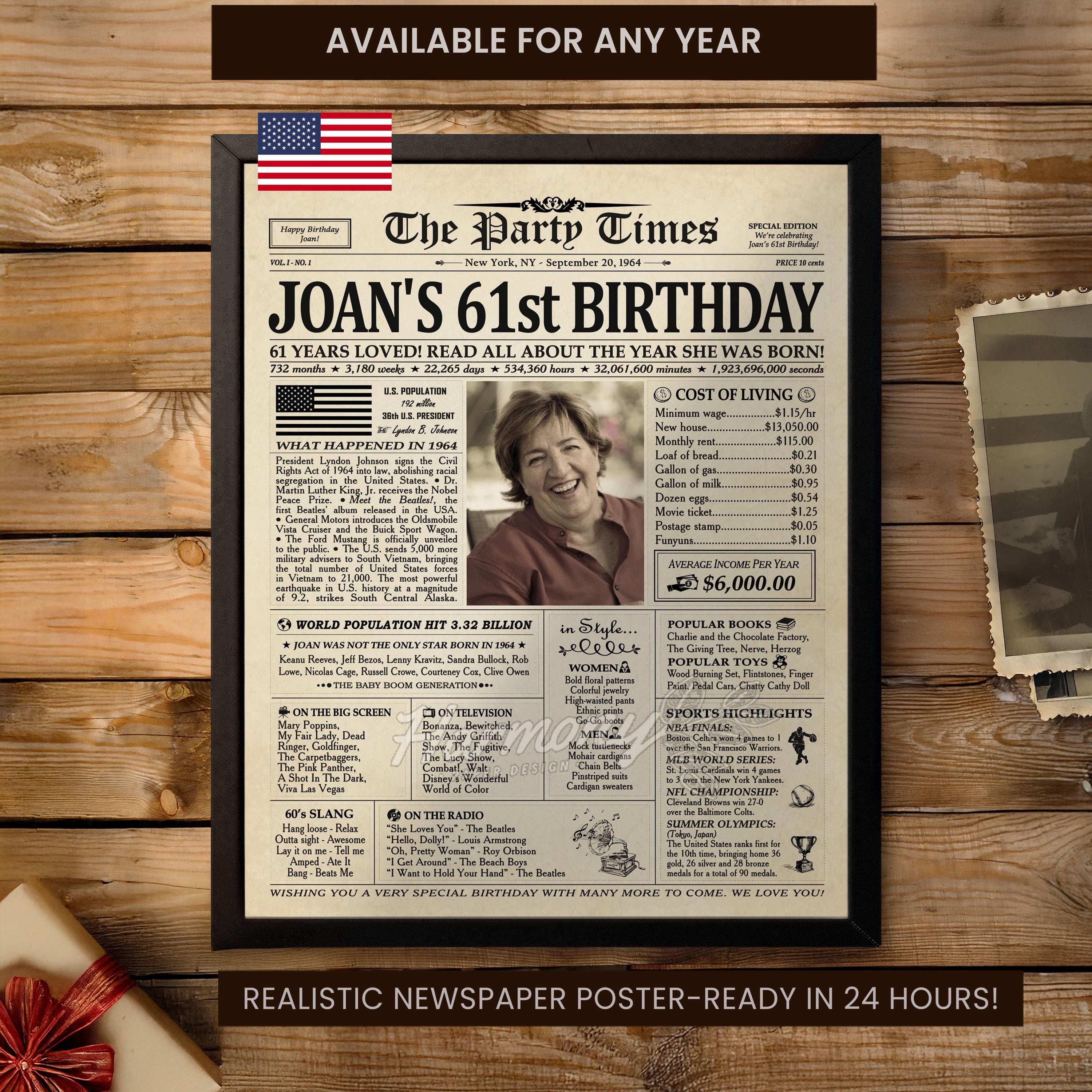 YaHaku 61st Birthday Newspaper Poster Sign, Personalized 61st Birthday Gift, Birthday Poster ...