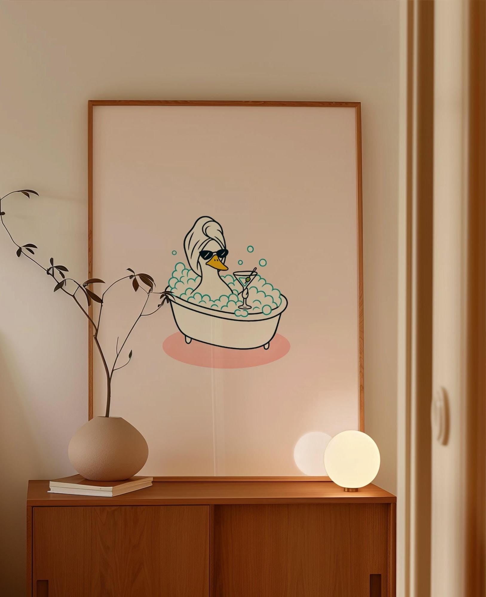 YaHaku Duck in Bath Tub Poster • Trendy Pink Bathroom Wall Art • Funny ...