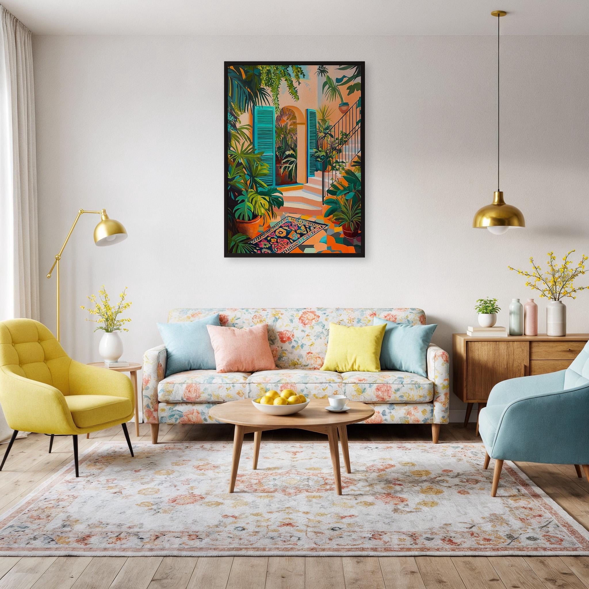 YaHaku Framed Spanish Garden Wall Art Print, Tropical Courtyard With ...