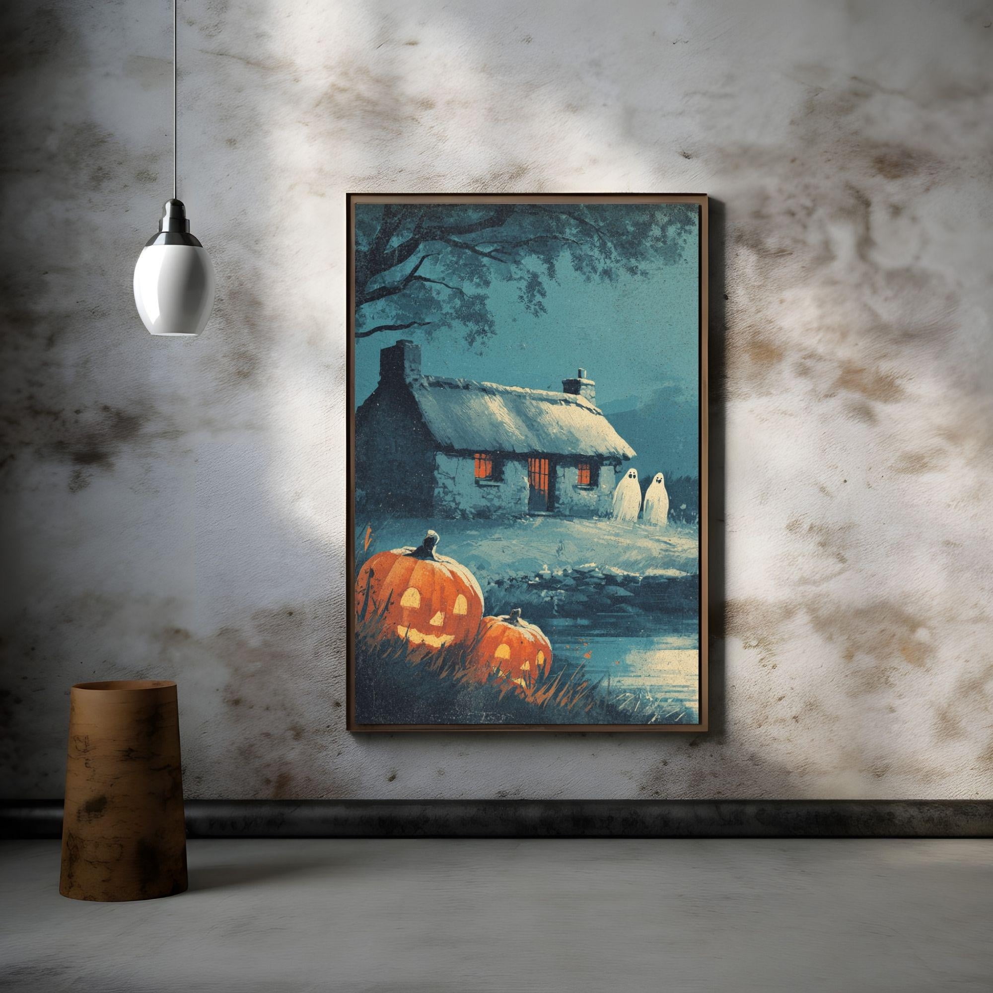 YaHaku Vintage Halloween Cottage Poster Spooky Ghosts by the Moonlight ...