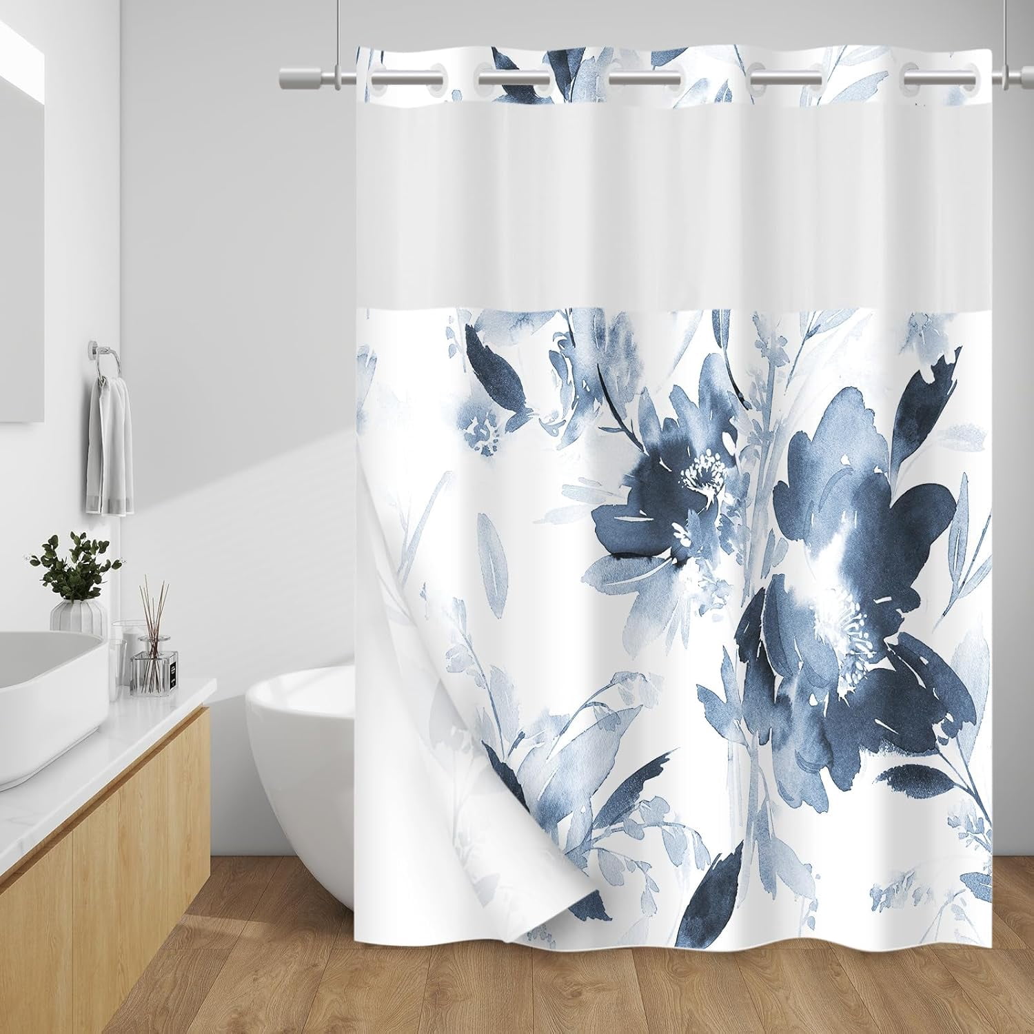 YaJing -No Hook Shower Curtain with Snap in Liner - Watercolor Floral ...